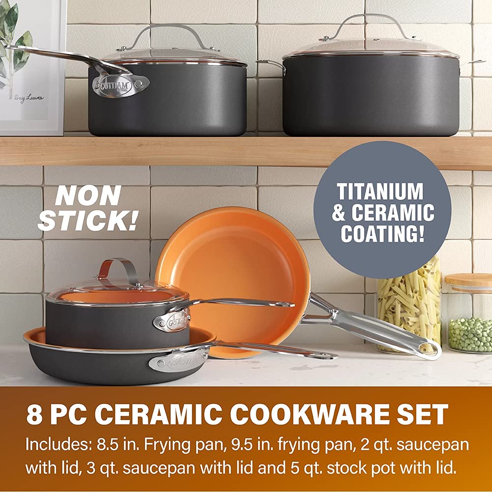 Gotham Steel 8-Piece Kitchen Set with Non-Stick Ti-Cerama Copper Coating by Chef Daniel Green - Includes Skillets, Fry Pans, Stock Pots and Sauce Pan