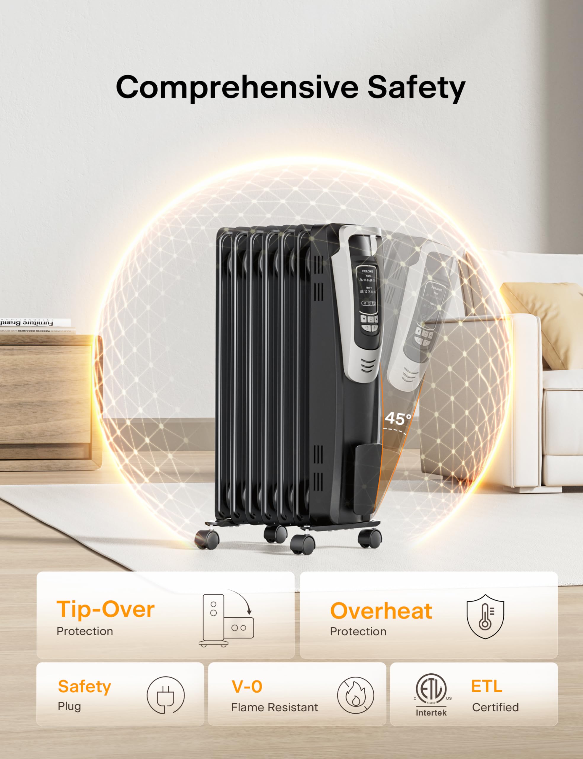 PELONIS Radiator Heater for indoor use Large Room with Remote, Thermostat & LED Display, Quiet Oil Filled Heater with 5 Temperature Settings, Overheat & Tip-Over Protection, Silver