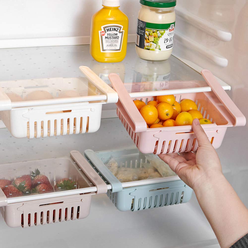 Fridge Drawer Organizer, Retractable Refrigerator Storage Box, Food Fresh-keeping Classified Organizer Container Pull Out Basket, Small Size, Fit for Fridge Shelf Under 0.5 inch (White)