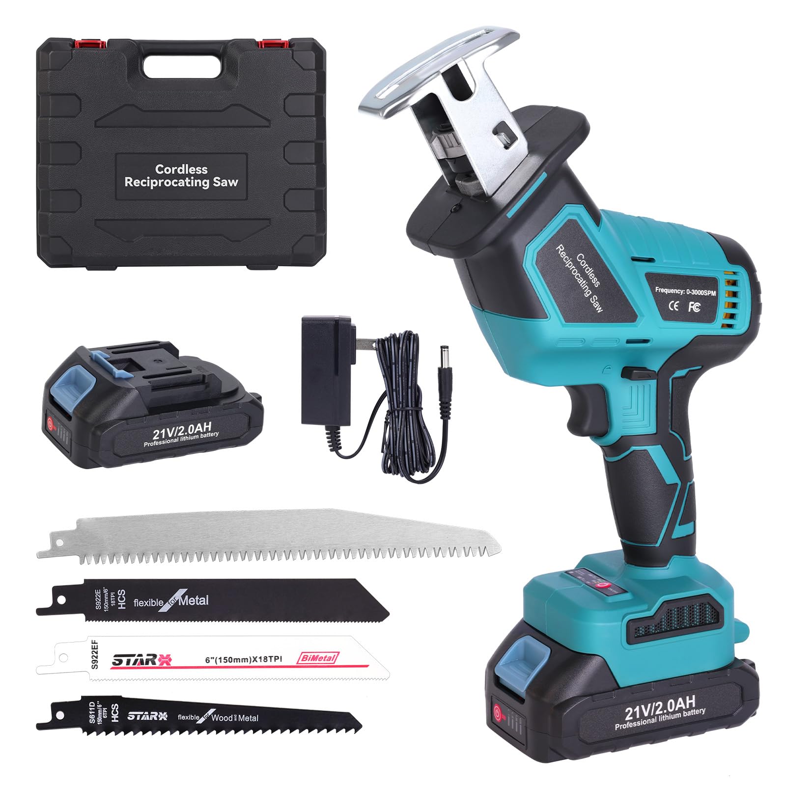 LAKIX Cordless Reciprocating Saw, 21V 2- Speed Mode Cordless(Brushless Motor) with 2Ah Battery & Charger and 4 Saw for Wood/Metal/PVC Cuting