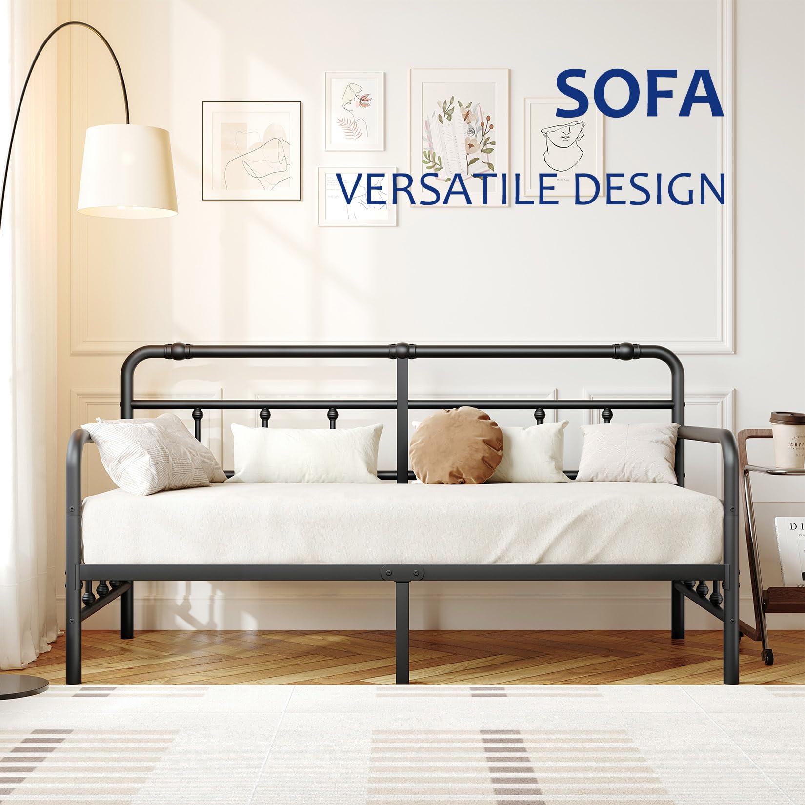 Hazena Daybed Metal-Twin-Size-Bed-Frame - with Headboard, Heavy Duty Metal Slats Support for Bedroom and Guest Room, Easy Assembly, No Box Spring Needed, Victorian