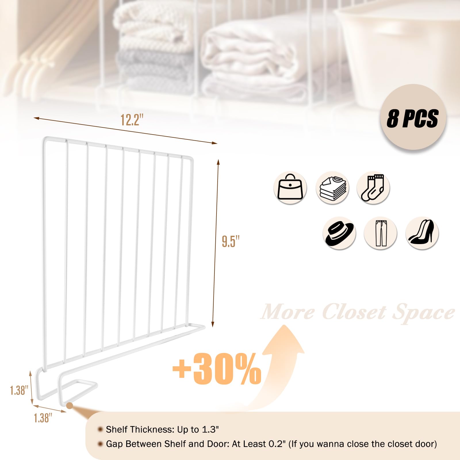 IVONNEY Wire Shelf Dividers Closet Organization, 8 Pack Metal Closet Dividers, White Wire Shelf Separators - Closet Shelf Dividers for Wood Shelves, Vertical Wire Shelving Dividers