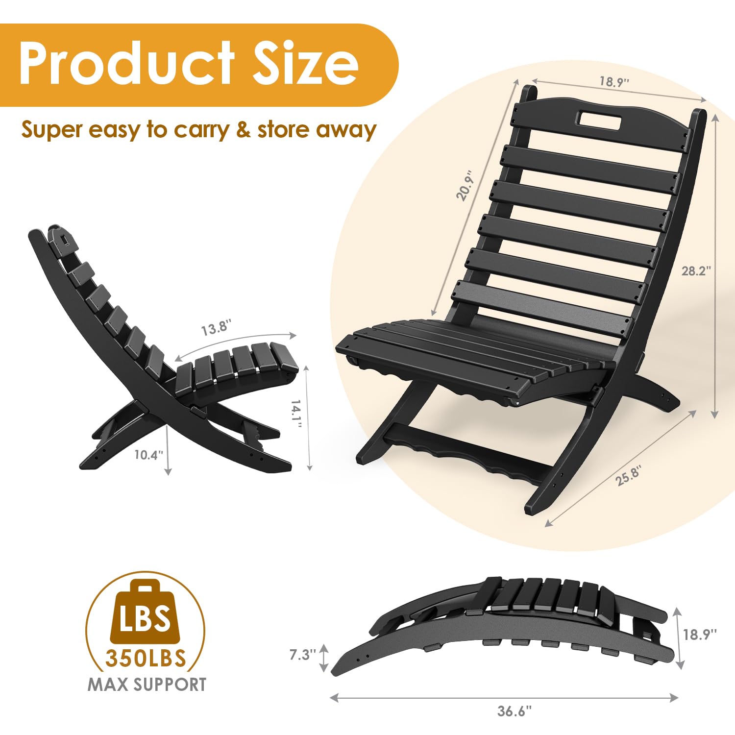 IVY&LANE Portable Xavier-Chairs Set of 2 | Folding-Adirondack-Chair | Wave | HDPE Plastic | Black | All-Weather Resistant | for Outdoor Fire-Pit Patio Lawn Beach Poolside