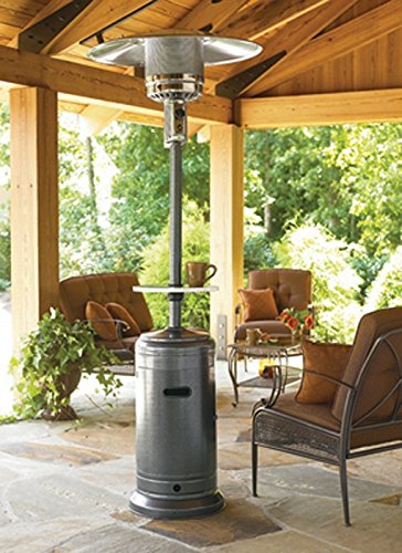 Hiland HLDS01-WCBT 48,000 BTU Propane Patio Heater w/Wheels and Table, Large, Hammered Silver