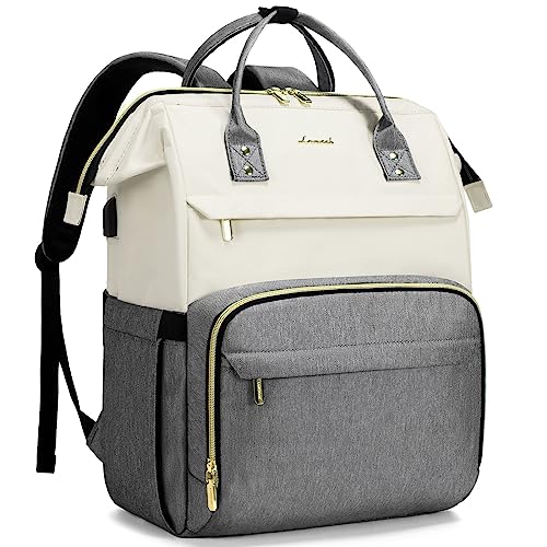 LOVEVOOK Laptop Backpack Purse for Women, 17 Inch Computer Business Stylish Backpacks, Doctor Nurse Bags for Work, Casual Daypack Backpack with USB Port, White-Grey