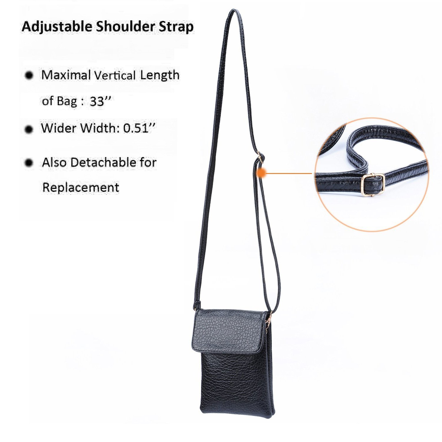 WITERY Leather Crossbody Cell Phone Purse for Women- Black Lightweight Small Cross Body Cell Phone Wallet Pouch Shoulder Bag with Shoulder Strap