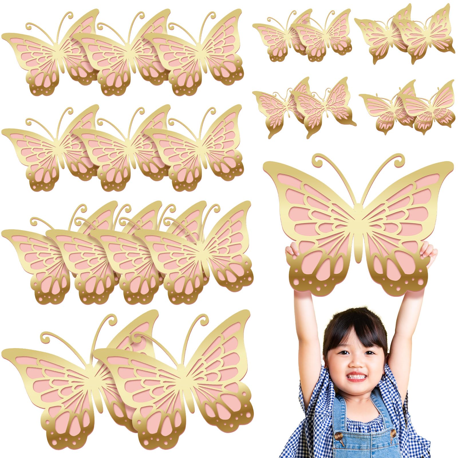 Kigeli 20 Pcs Butterfly Party Decorations Large Butterfly 3D Butterfly Centerpieces Gold Butterfly Wall Decor Paper Butterfly Cutouts for Baby Shower Wedding Party Room, 4 Sizes(Gold and Pink)