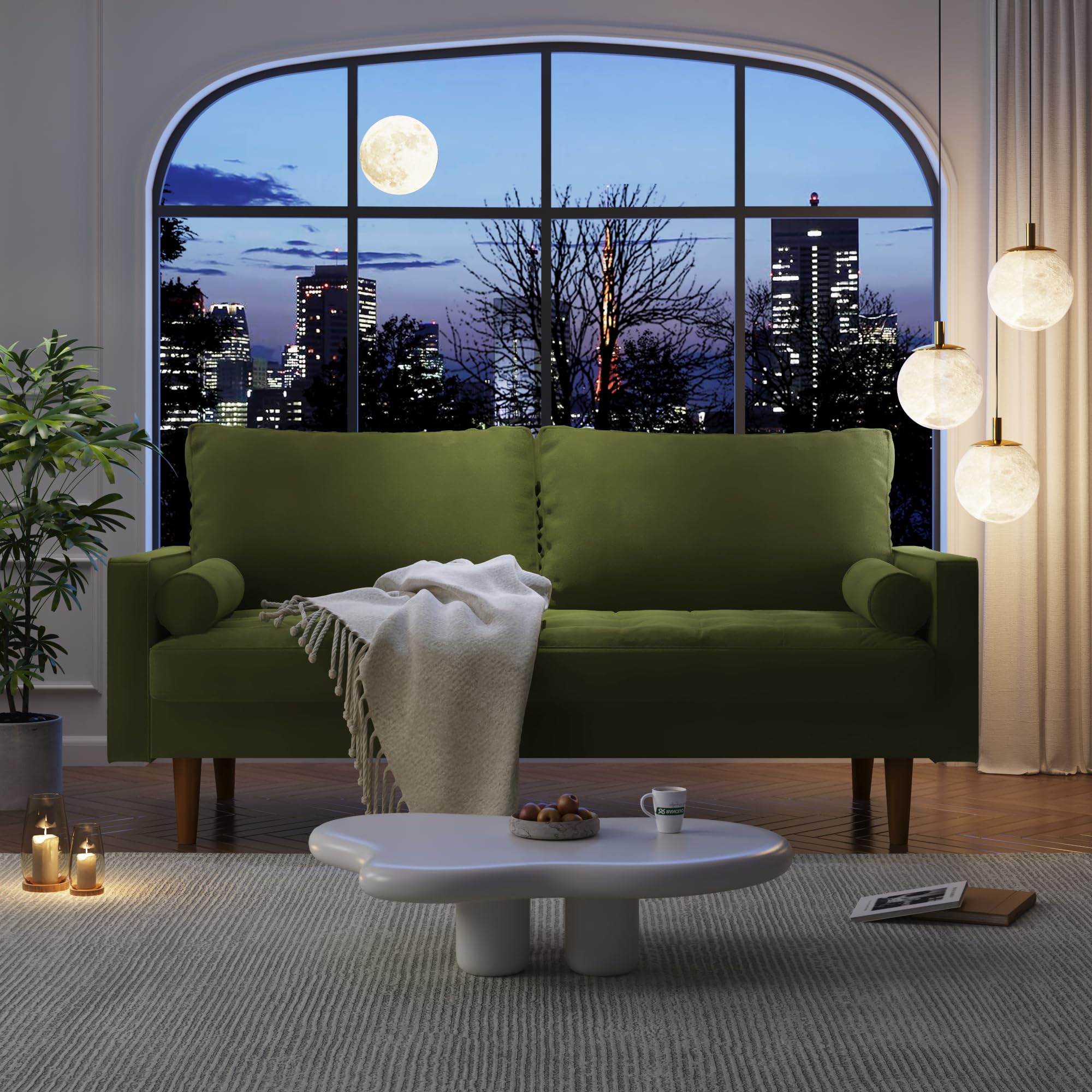 Meeyar 70" Velvet Loveseat Sofa, Couch for Small Apartment, Mid-Century Modern Loveseat Sofas Couches for Living Room Bedroom, Solid Wood Legs, Square Arms(Olive Green, 70")