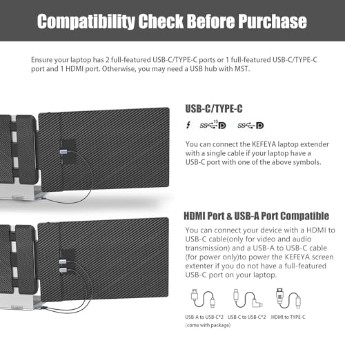 KEFEYA Laptop Screen Extender,14" Triple Screen Laptop Monitor Extender, 1080P FHD Portable Monitor for 13"-17.3" Laptops, HDMI/USB-A/USB-C for MacBook, Windows, Chrome, Switch, Plug and Play