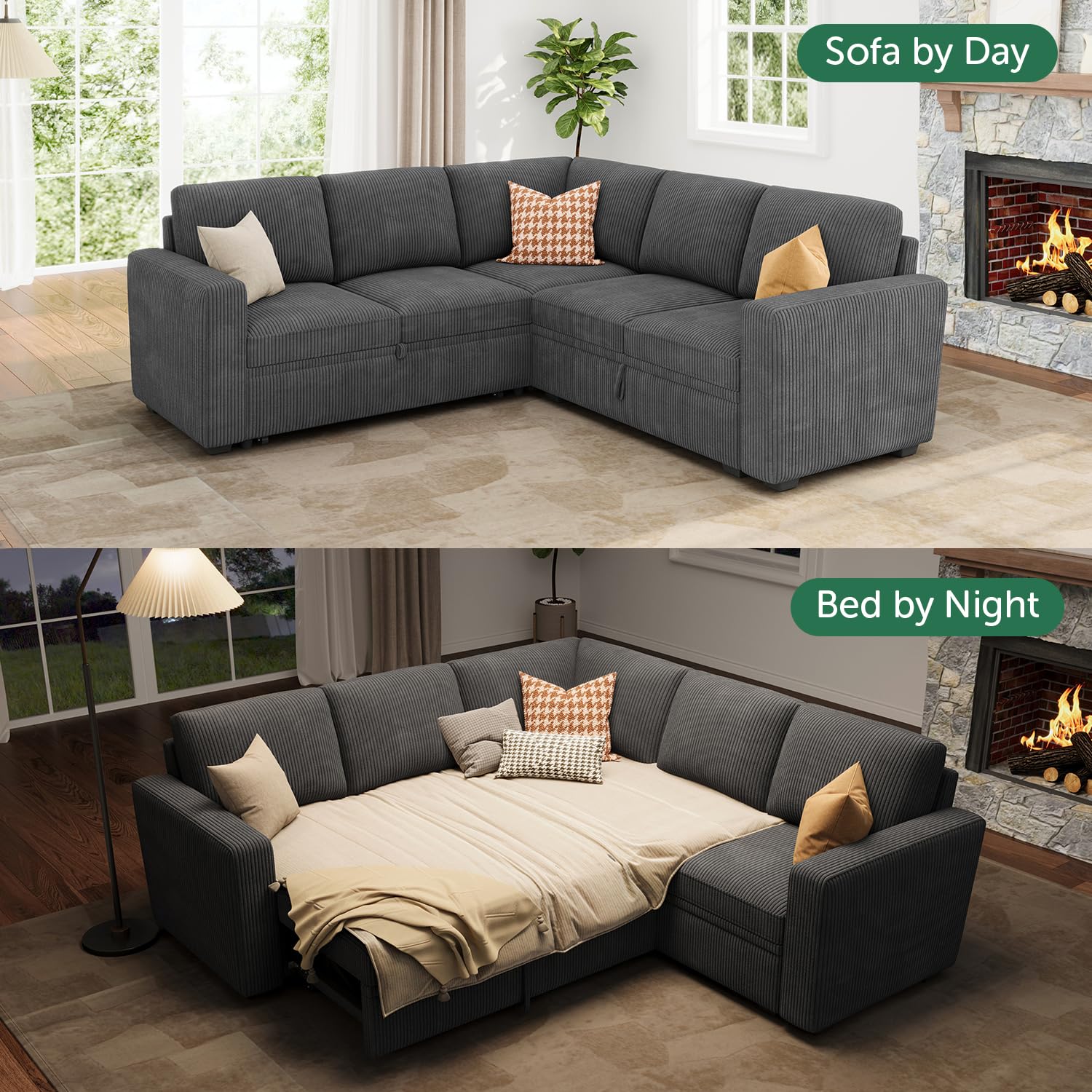 HONBAY Modular Sectional Sleeper Sofa with Pull Out Bed, Corduroy L Shaped Couch with Storage Seats, Convertible Sectional Couches for Living Room, Green