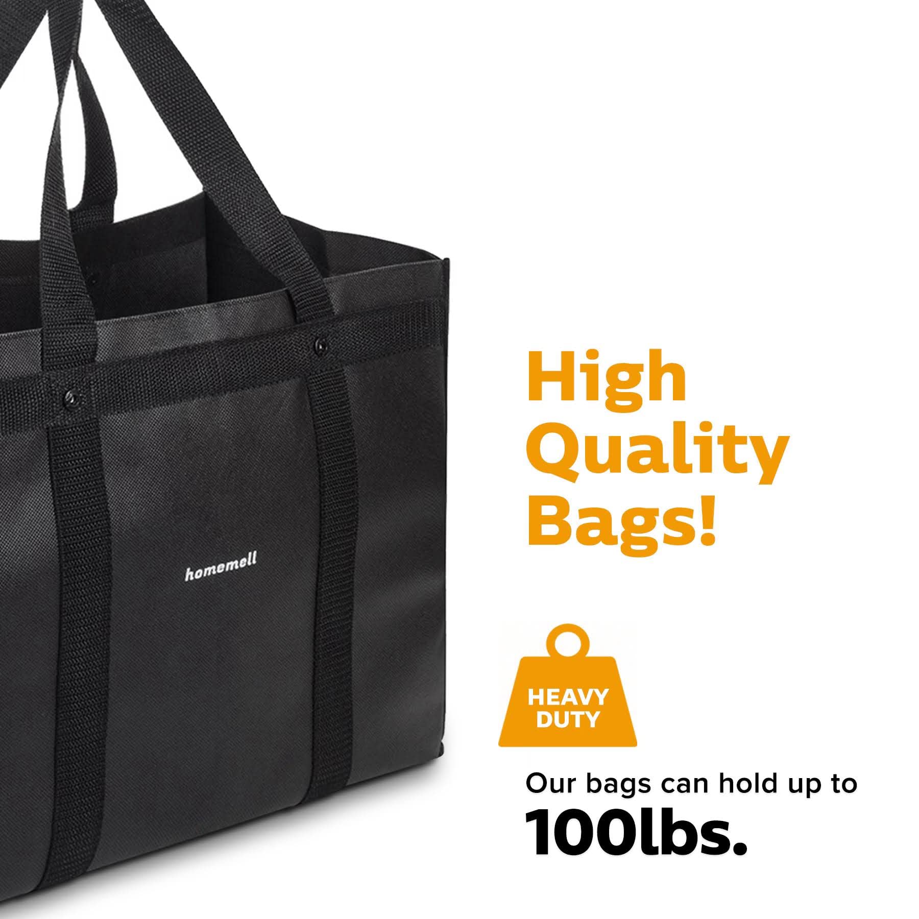 Homemell Heavy Duty Reusable Grocery Bags, Extra Large Collapsible Tote Holds 100 LBS, Extra-Strength Premium Material (Black, 6-Pack)