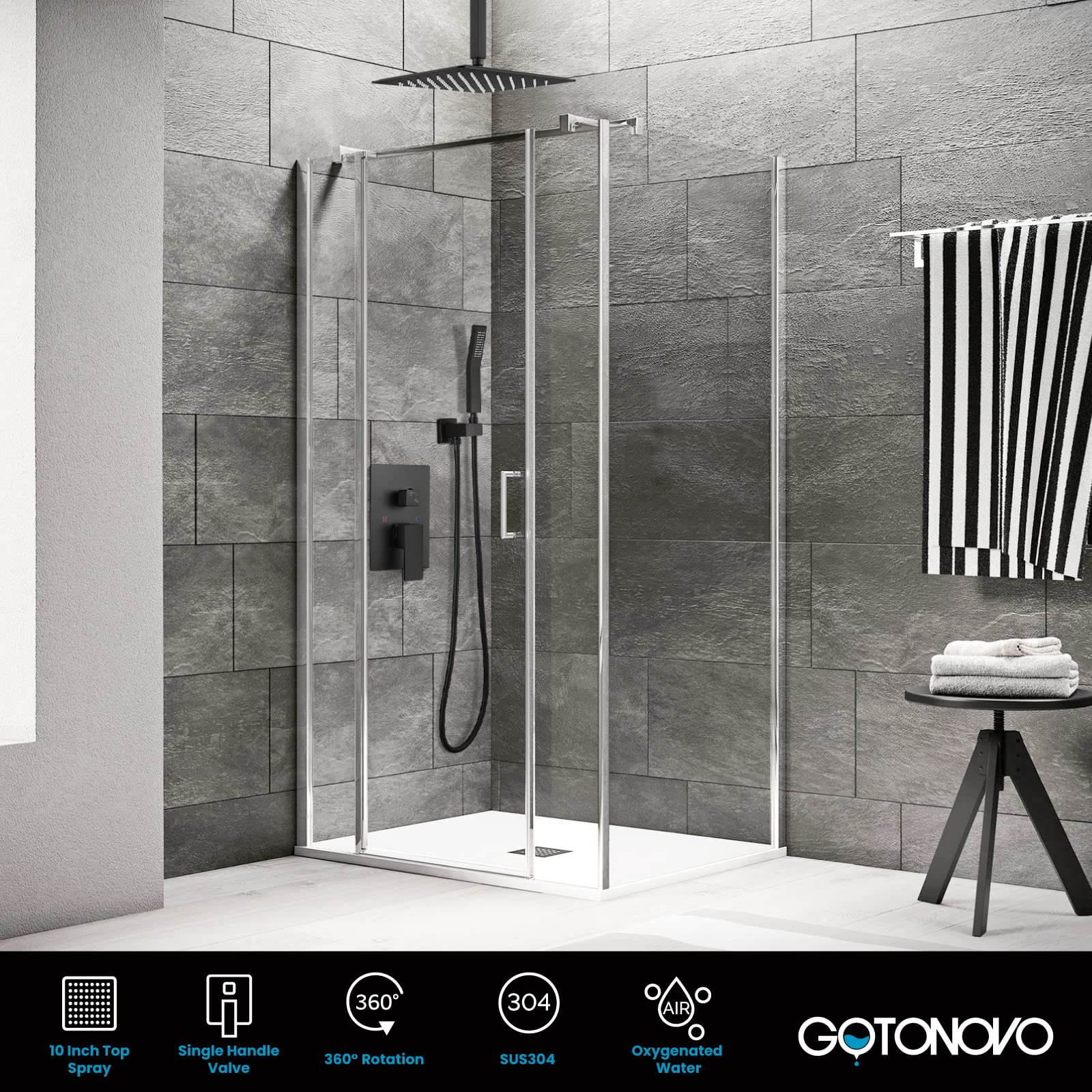 gotonovo Bathroom Matte Black 10 Inch Rainfall Shower Head Ceiling Mount with Handheld Spray Shower Mixer Faucet Luxury High Pressure Shower Combo Set Rough-in Valve and Shower Trim Included