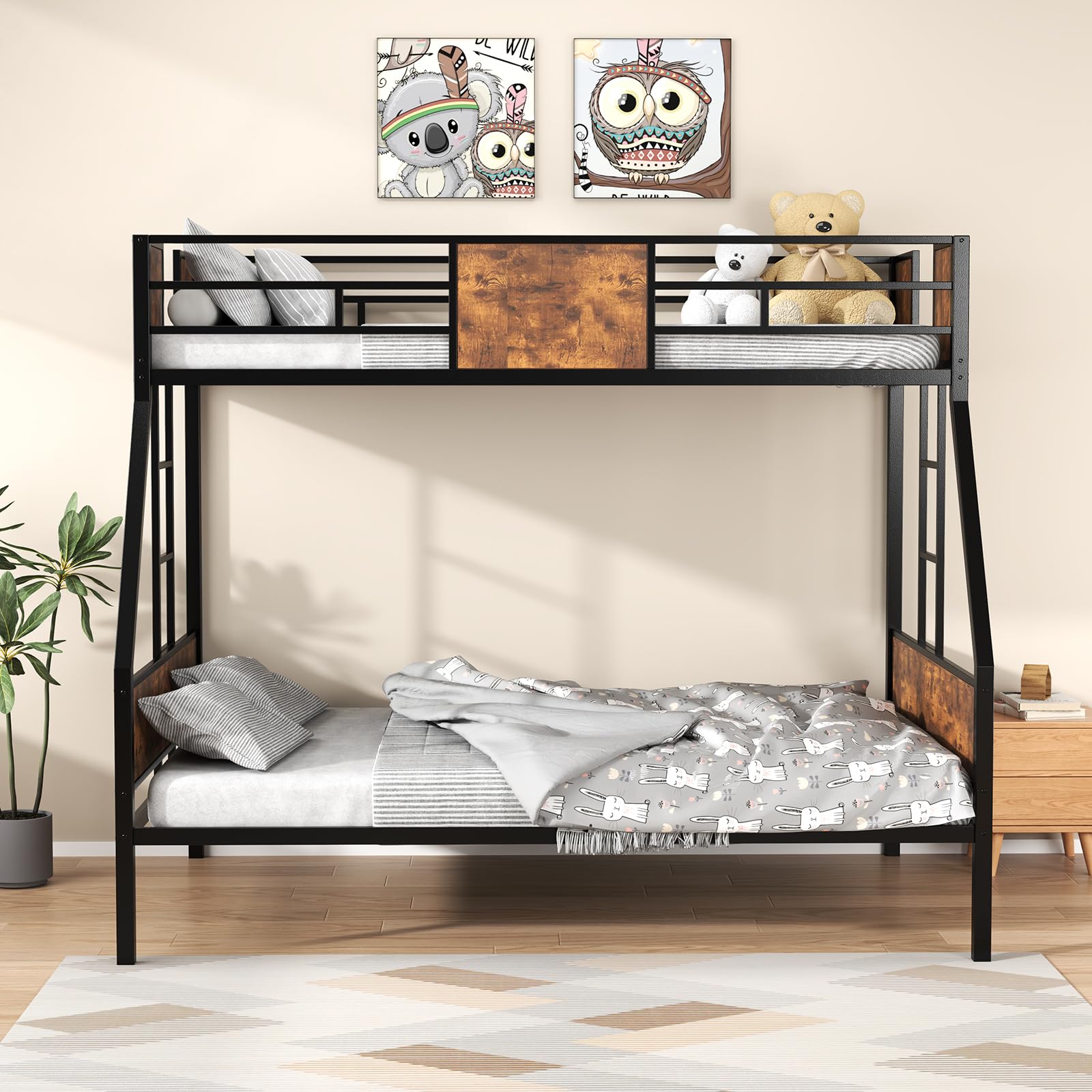 Kiivakii Metal Bunk Bed Twin Over Full with Side Ladders, Twin Over Full Bunk Bed with Sturdy Frame Supports, No Noise, Black and Brown
