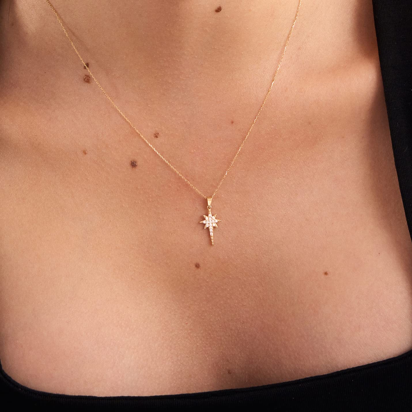 GELIN 14K Solid Gold North Star Necklace for Women | 14k Gold Celestial Necklace, 18"