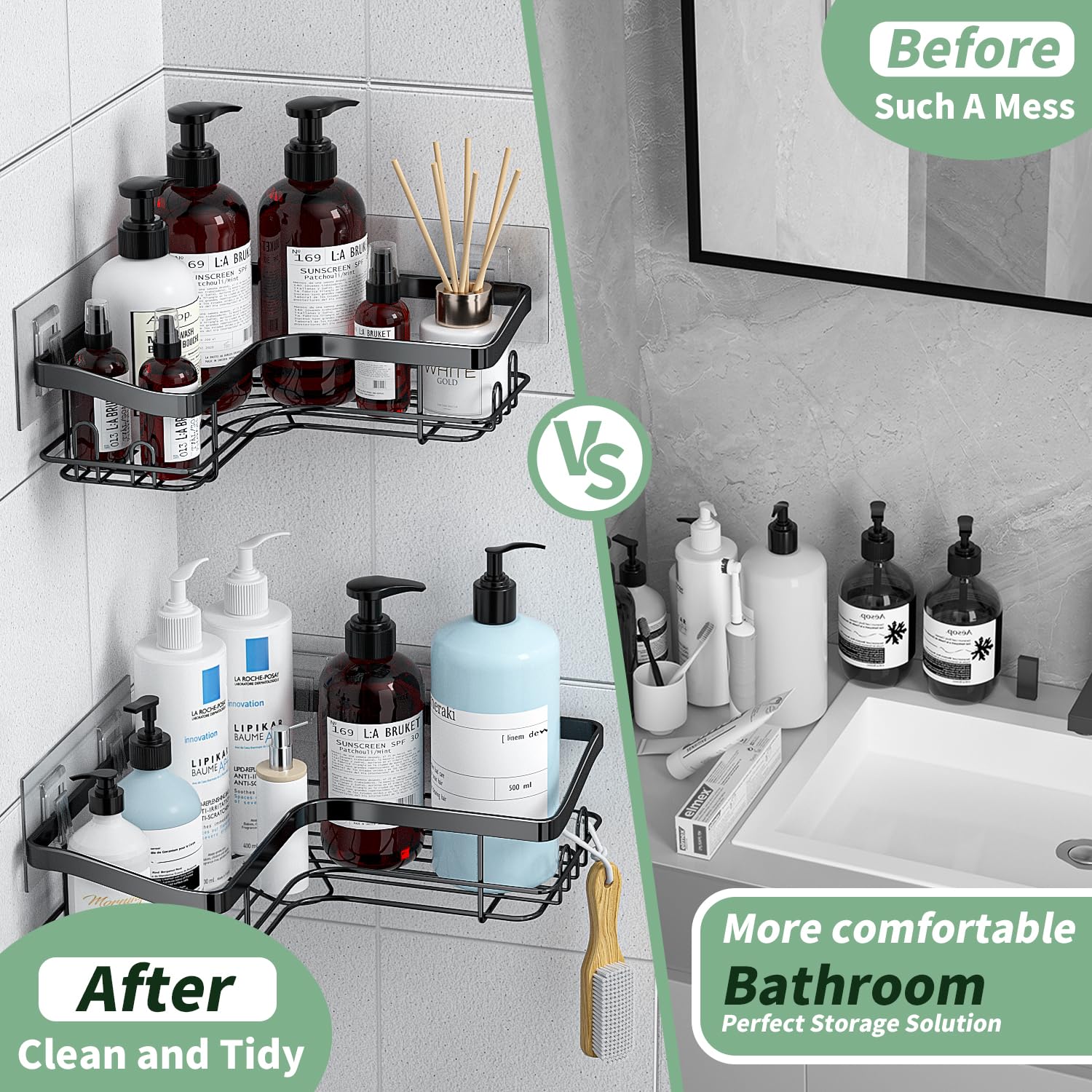 KiKiRico Corner Shower Caddy, 2 Pack No Drilling Shower Organizer with 8 Hooks, Adhesive Rustproof and Waterproof Stainless Shower Shelves for Bathroom, Black Storage Racks