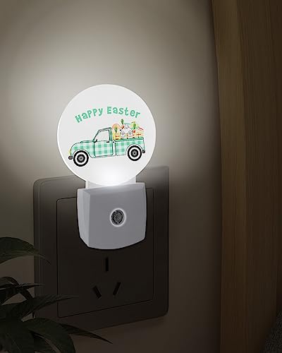 Night Light Plug into Wall, LED Nightlights Happy Easter Green Plaid Truck Pull Eggs and Bunny Small Nightlight Auto Dusk-to-Dawn Sensor Lamp LED Night Lights for Kid's Bedroom, Bathroom