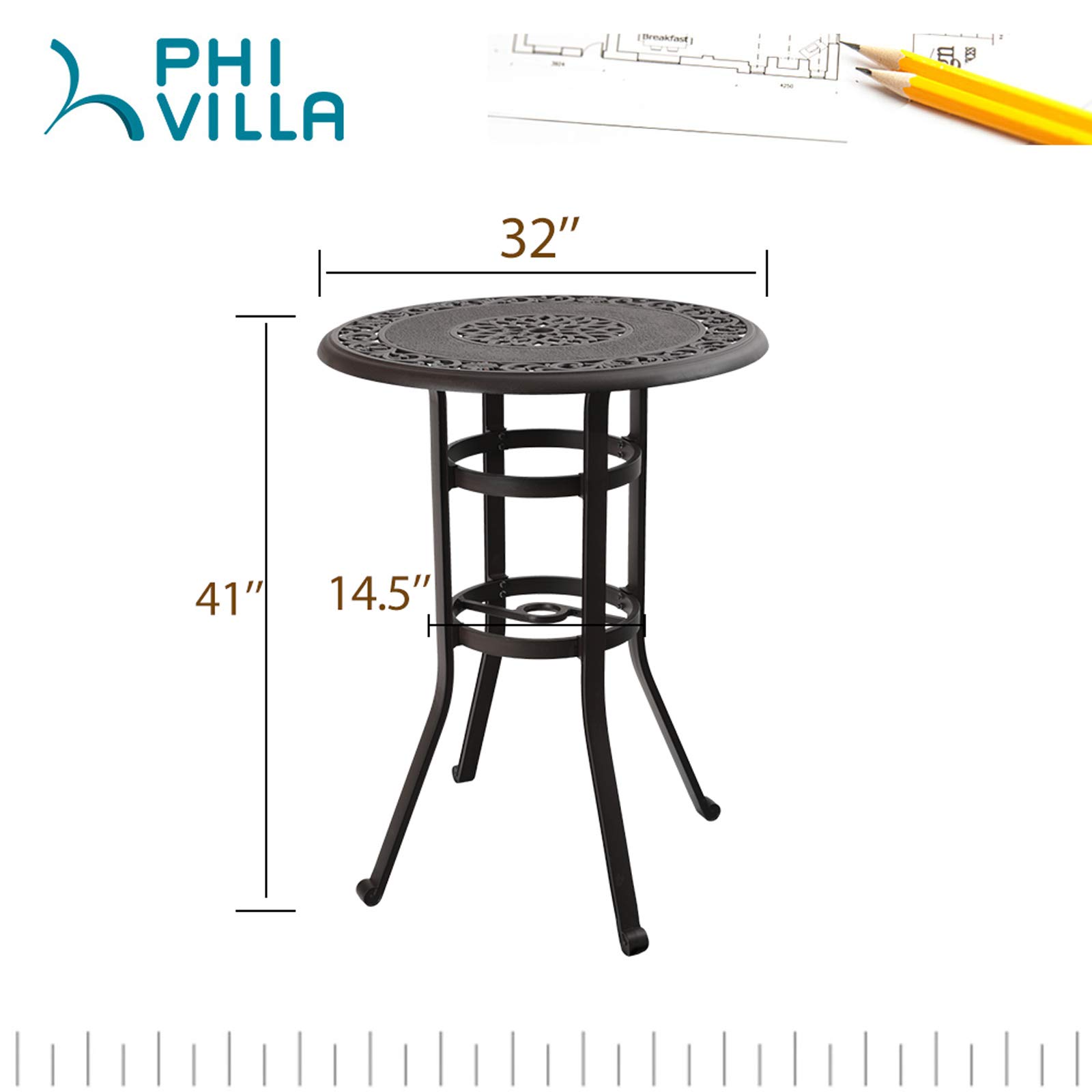 PHI VILLA 32" Cast Aluminum Patio Bar Table, 41" Height High Top Outdoor Table, Pub Height Bistro Round Table for Paito Lawn Garden, Brown
