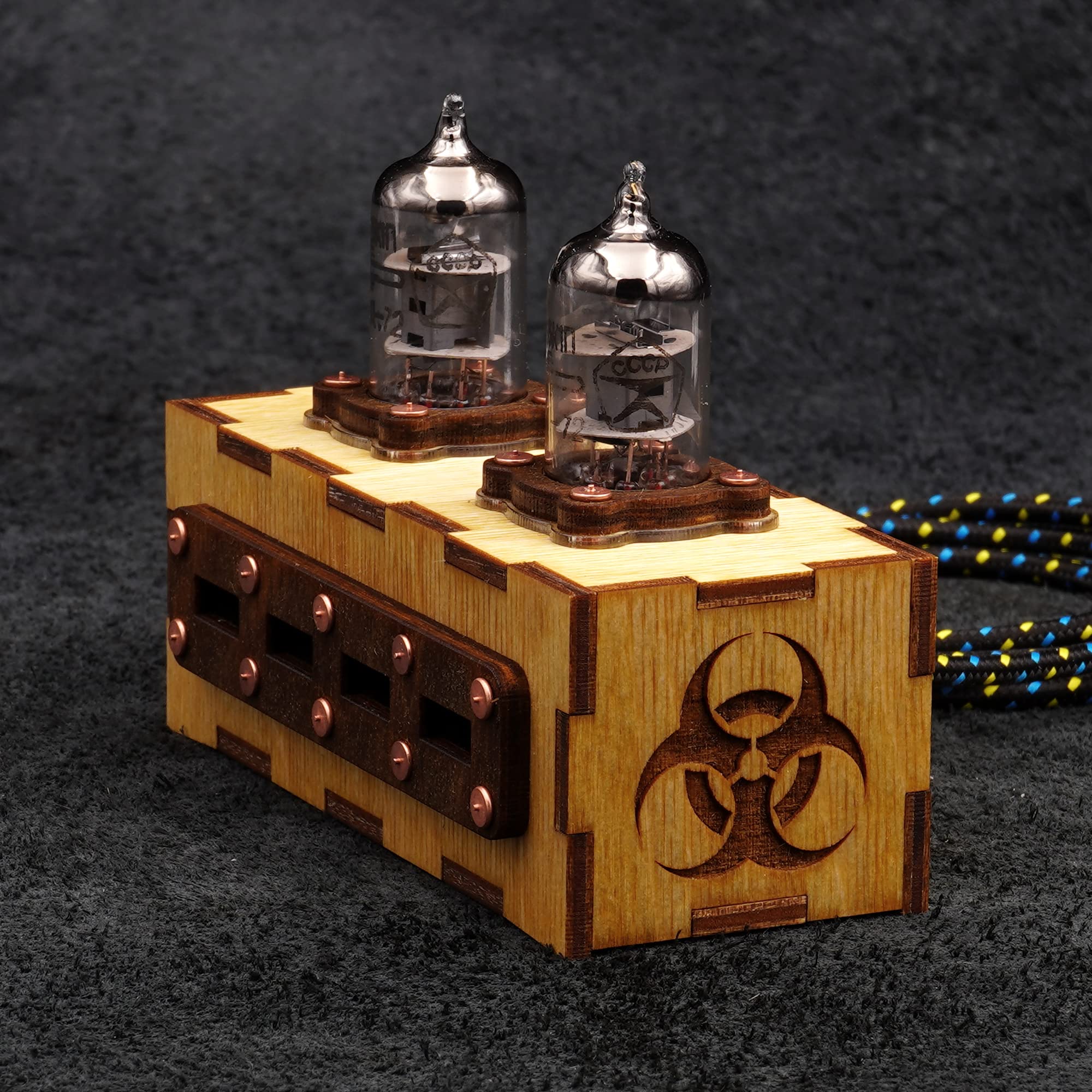 Handmade Wooden 4-Port USB Hub - Dual Blue Pentode Radio Tube - Unique Design - Steampunk/Industrial Style - USB 2.0 - Durable 1M(3FT) Cable