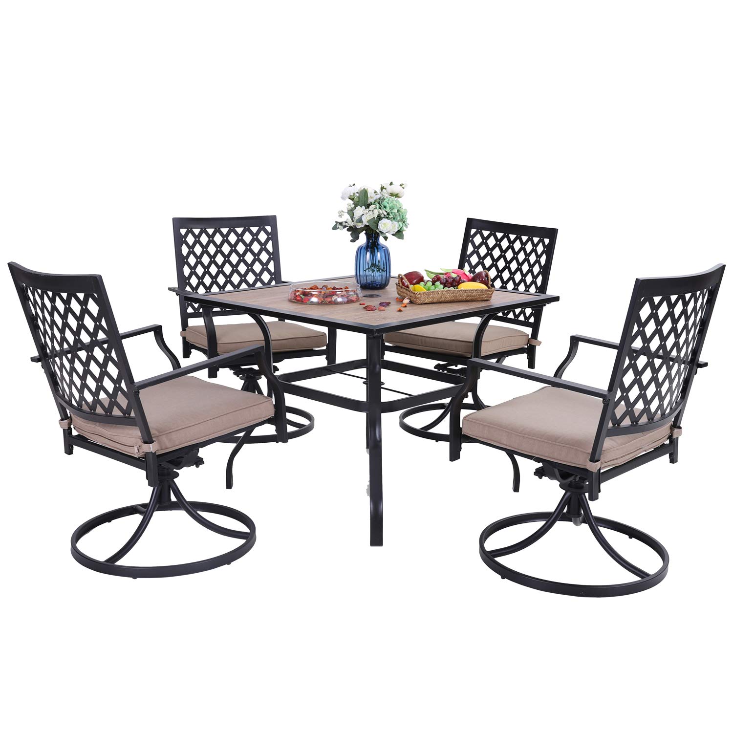 PHI VILLA Outdoor Patio Wood-Like 37" Square Dining Table and Arm Swivel Chairs Furniture Set of 5