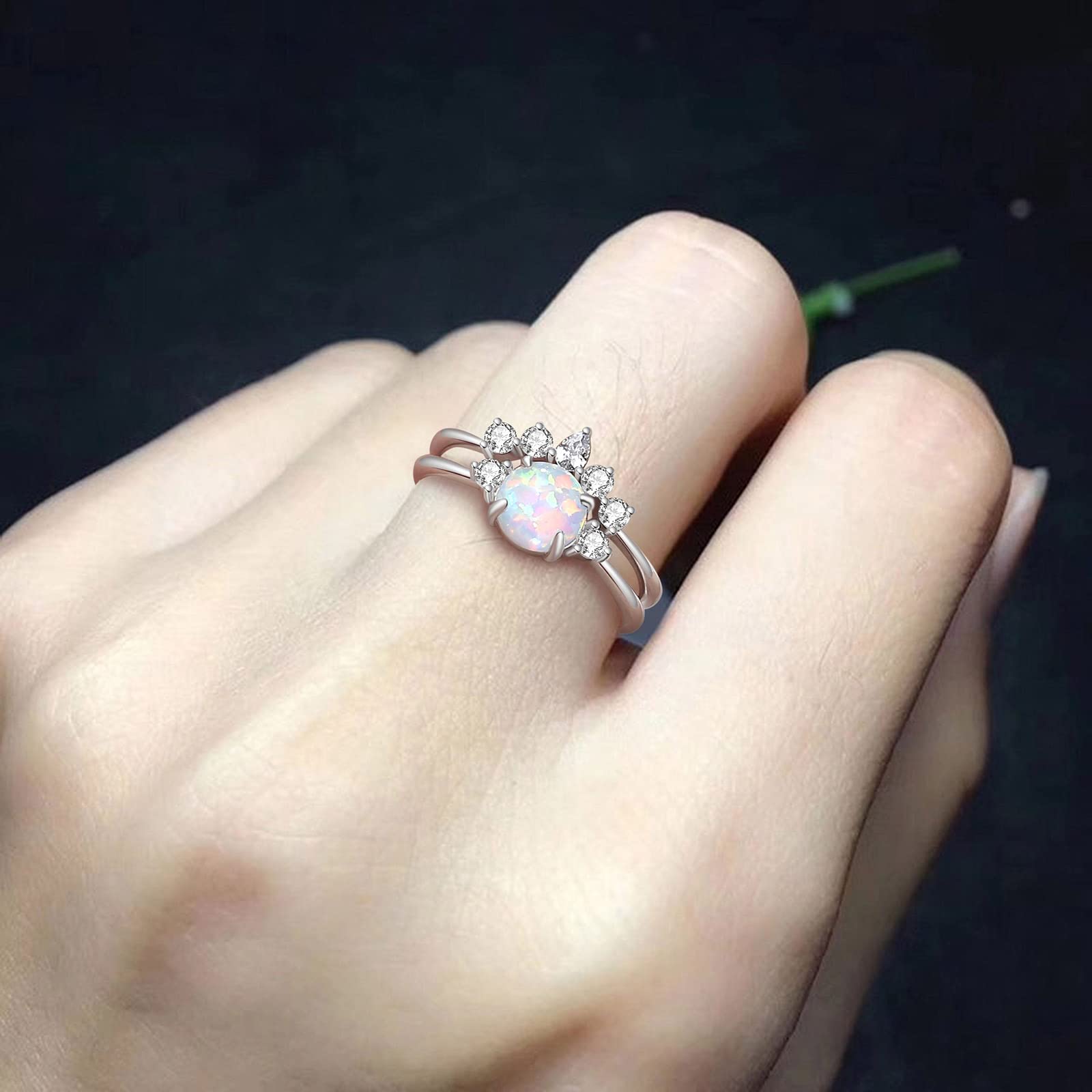 Fiklon 925 Sterling Silver Stackable Opal Ring Set White Gold Dainty Cubic Zirconia Crown Princess Rings Delicate Opal Stone Crystal Jewelry (Opal Ring Set, 6)