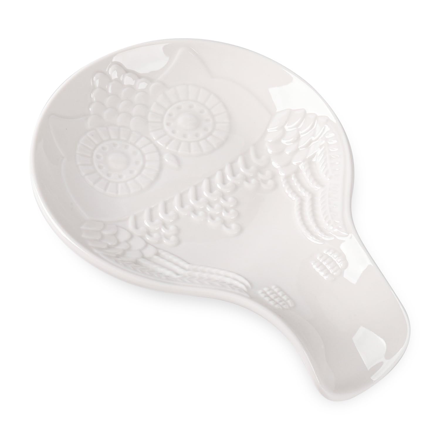 Katathani Ceramic Spoon Rest for Stove Top - Large Vintage Embossed Owl Shape Spoon Holder for Kitchen Counter,White Exquisite Coffee Spoon Rest, 1 Pack