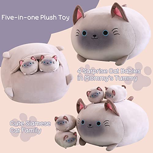 SQEQE Siamese Cat Plush, Cute Siamese Cat Stuffed Animals Mommy with 4 Squishy Kitties in her Tummy, Soft Siamese Cat Plushies Pillow Gifts for Kids