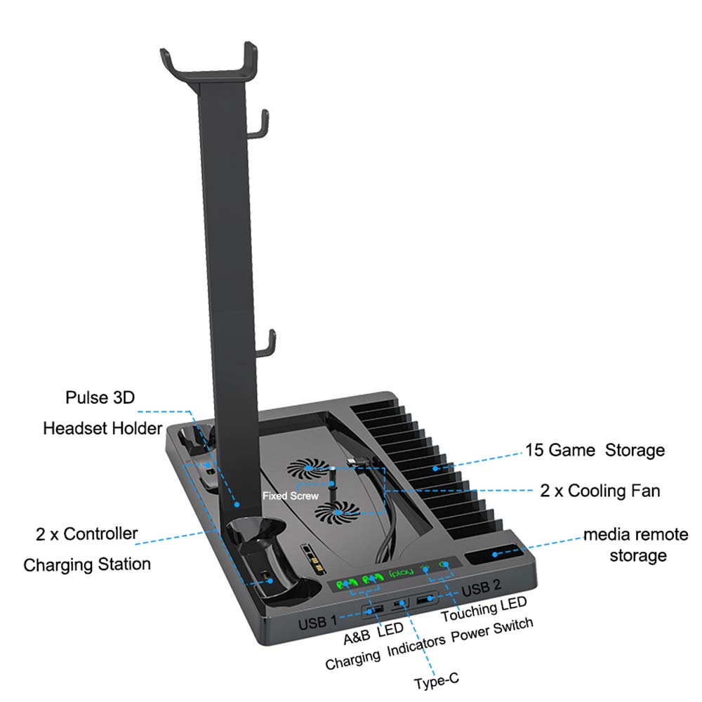 Vertical Stand for Playstation 5 with 2 Cooling Fan, 2 Charging Station for PS5 Digital/CD-ROM Edition Console with 15 Game Storage, 1 Pulse 3D Headset Holder, 1 Media Remote Storage (Black)