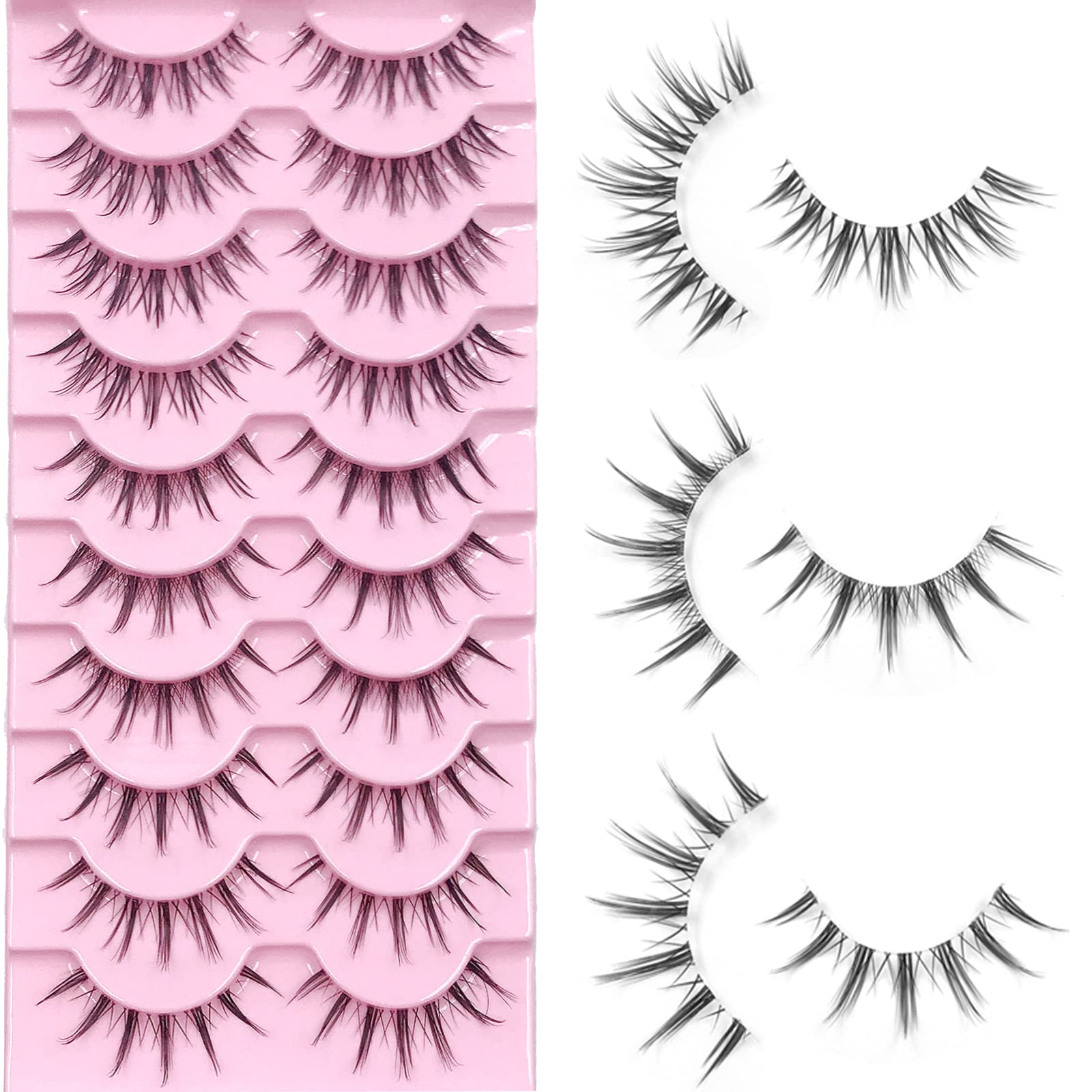 IFLOVEDEKD Manga Lashes Natural Look 10 Pairs Clear Band False Eyelashes 3 Styles Mix Japanese Anime Lashes Natural 3D Wispy Lashes Short Asian False Lashes Reusable Cosplay Eye Lashes