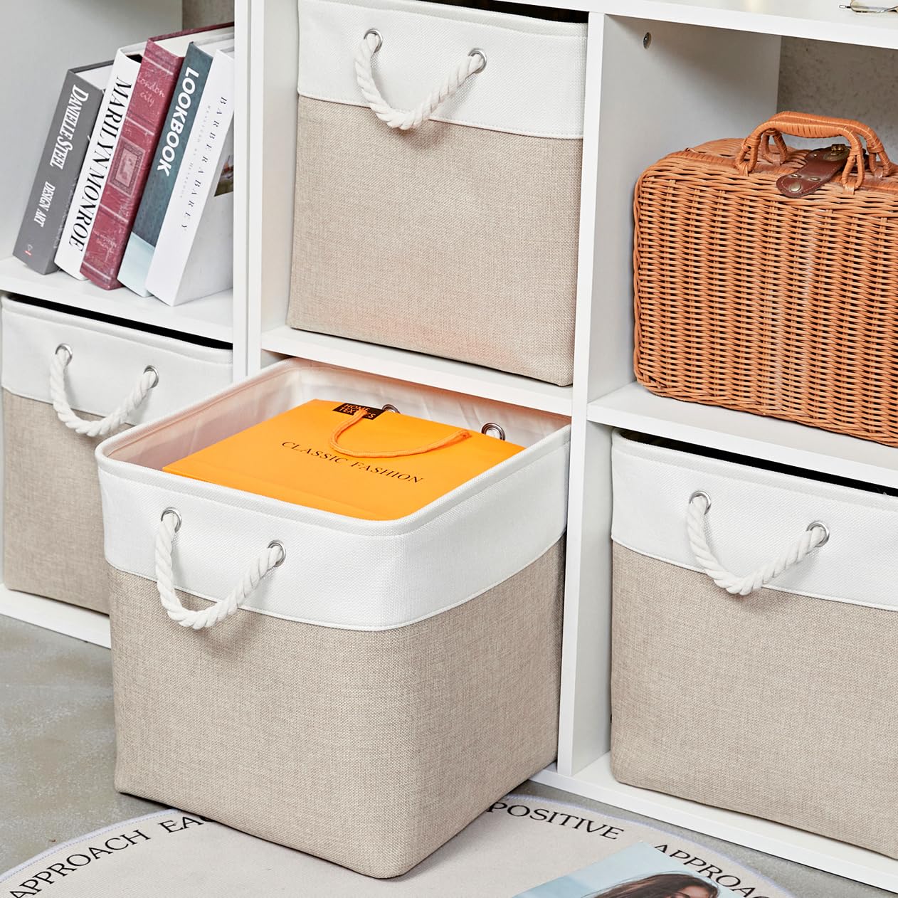ISEMINGLA 13 x 13 Inch Storage Cubes,6 Pack Cube Storage Bins for Shelves,Fabric Collapsible Storage Bins with Handles, Foldable Storage Basket for Organizing Clothes, Toys, Books (White&Beige)
