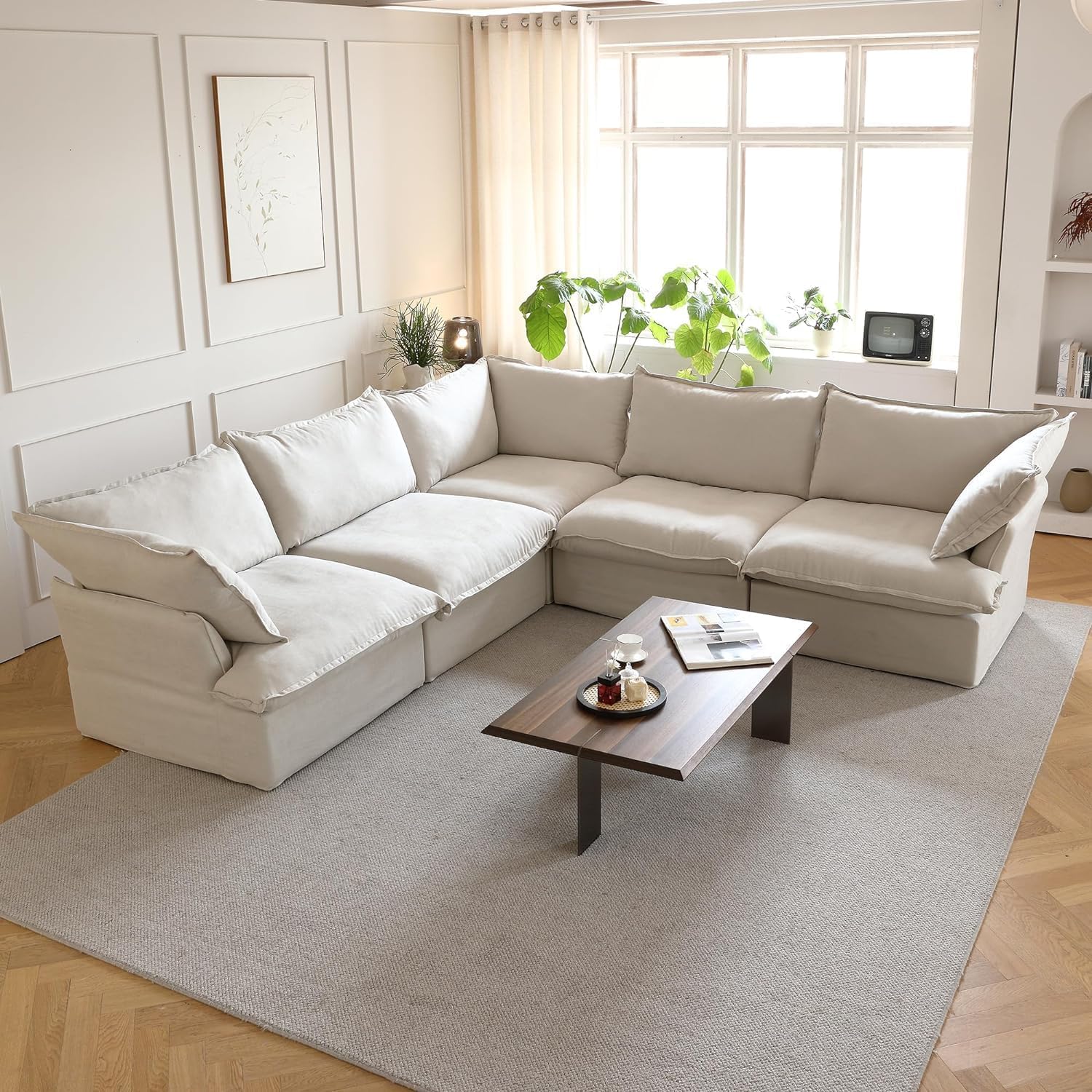 JACH V-Shaped Sectional Couches, Convertible Modular Sofas Couches, Minimalist Deep Seat Sofa, Down Fill Sectional, Sofas Furniture for Living Room, Office, Apartment (Beige)