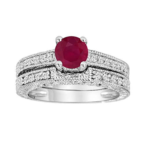 Elegant Touch 925 Sterling Silver Women Wedding Engagement Ring Band Bridal Set Round Red Created Ruby 14K White Gold Plated (6.5)