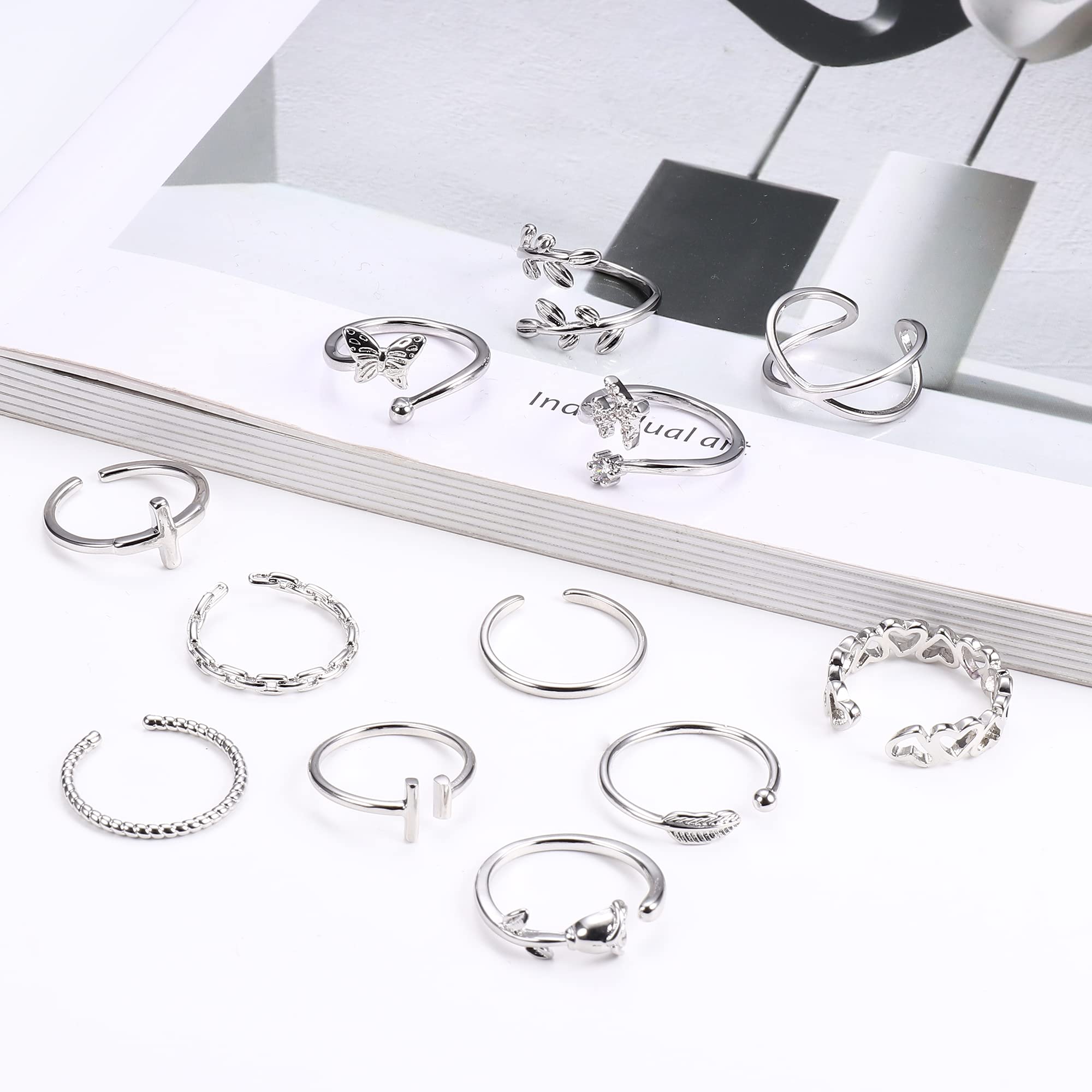 FIBO STEEL 12 Pcs Open Adjustable Rings Set for Women Stackable Finger Rings Pack Cute Twist Butterfly Heart Chain Link Rings Minimalist Rings Set Silver Tone