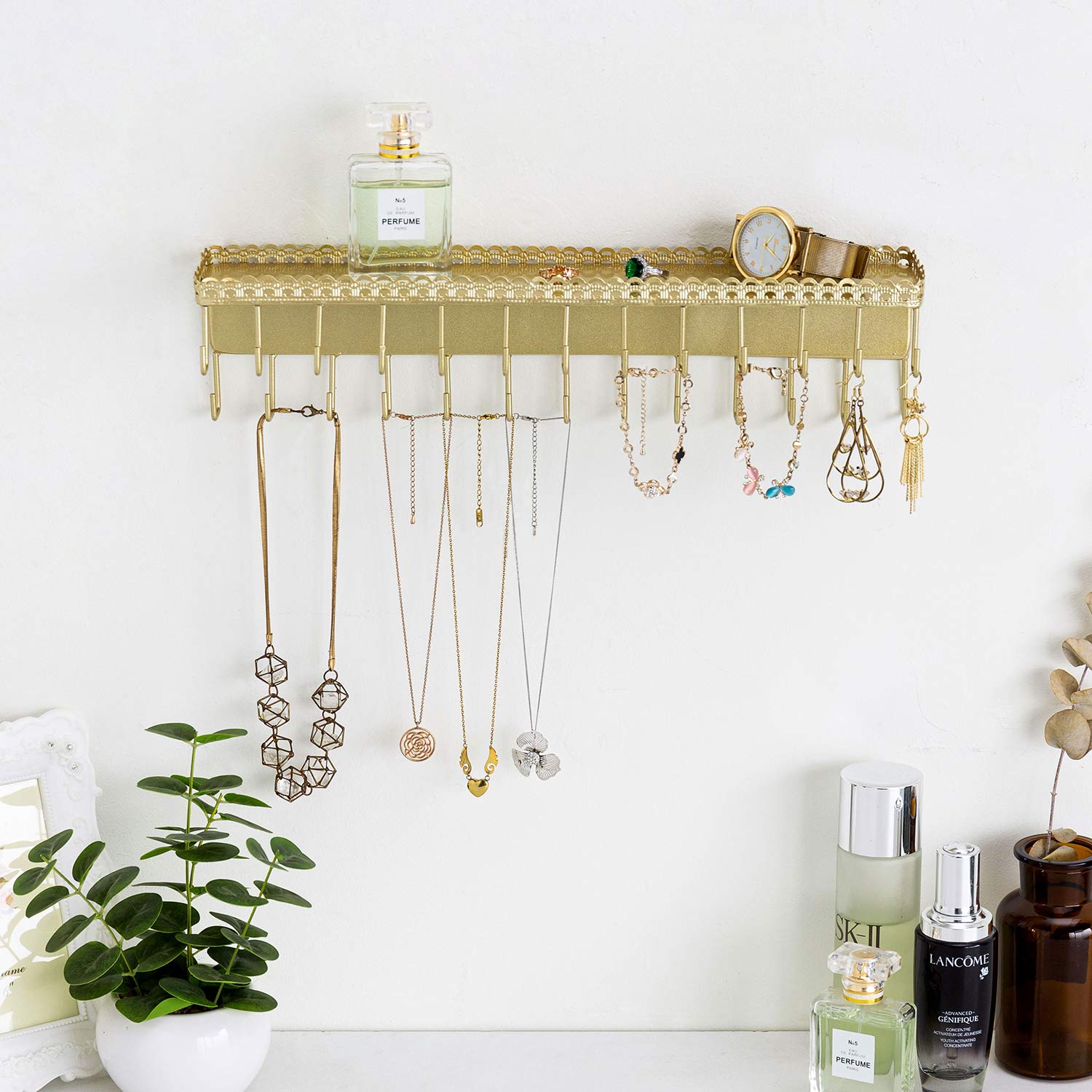 MyGift 26-Hook Gold-Tone Wall-Mounted Metal Jewelry Organizer with Display Shelf