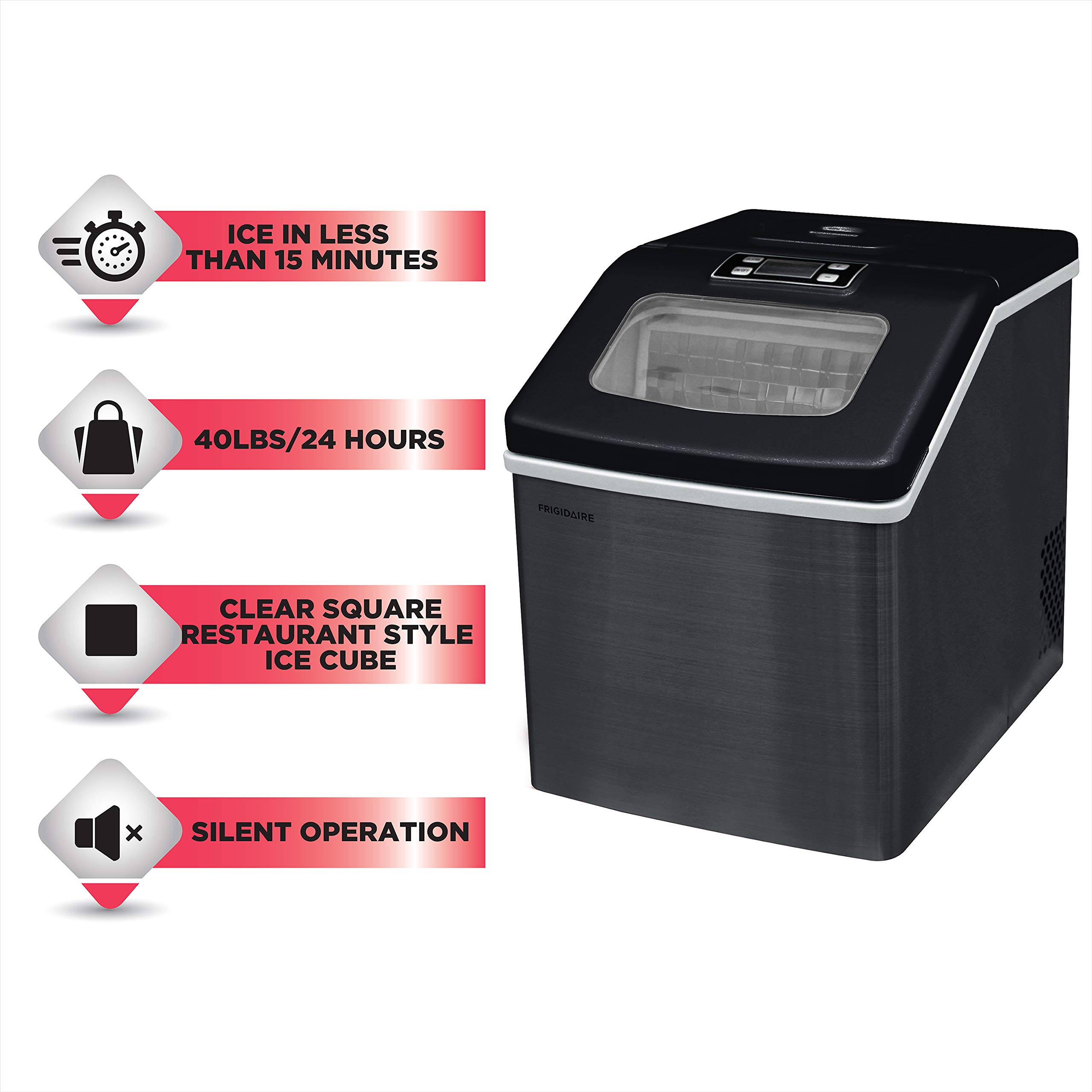 Frigidaire EFIC452-SSBLACK XL Maker, Makes 40 Lbs. of Clear Square Ice Cubes A Day, Black Stainless