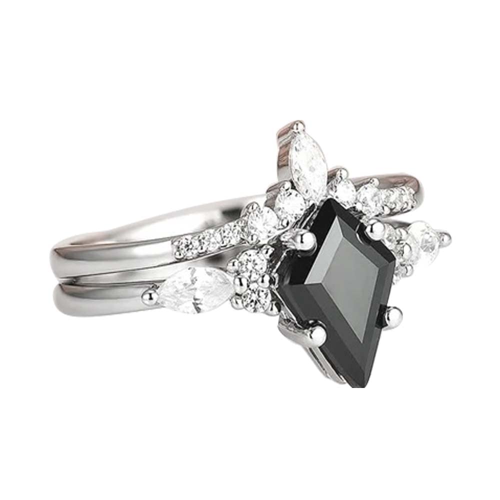 Elegant Touch Wedding Ring Set Kite Shape Black Diamond & Marquise Cut Band for Womens Bridal 14K White Gold Plated (Ring Size-6) (RET146 6)