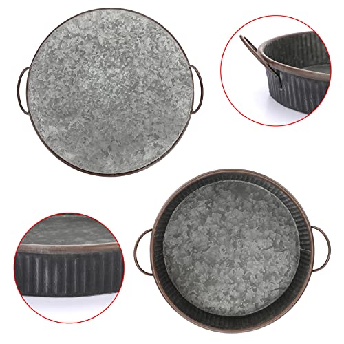 Hipiwe Galvanized Metal Iron Tray with Handles Farmhouse Rustic Decorative Tray Industrial Style Serving Tray Round Galvanized Tray for Coffee Table, Home Decor (Set of 2)