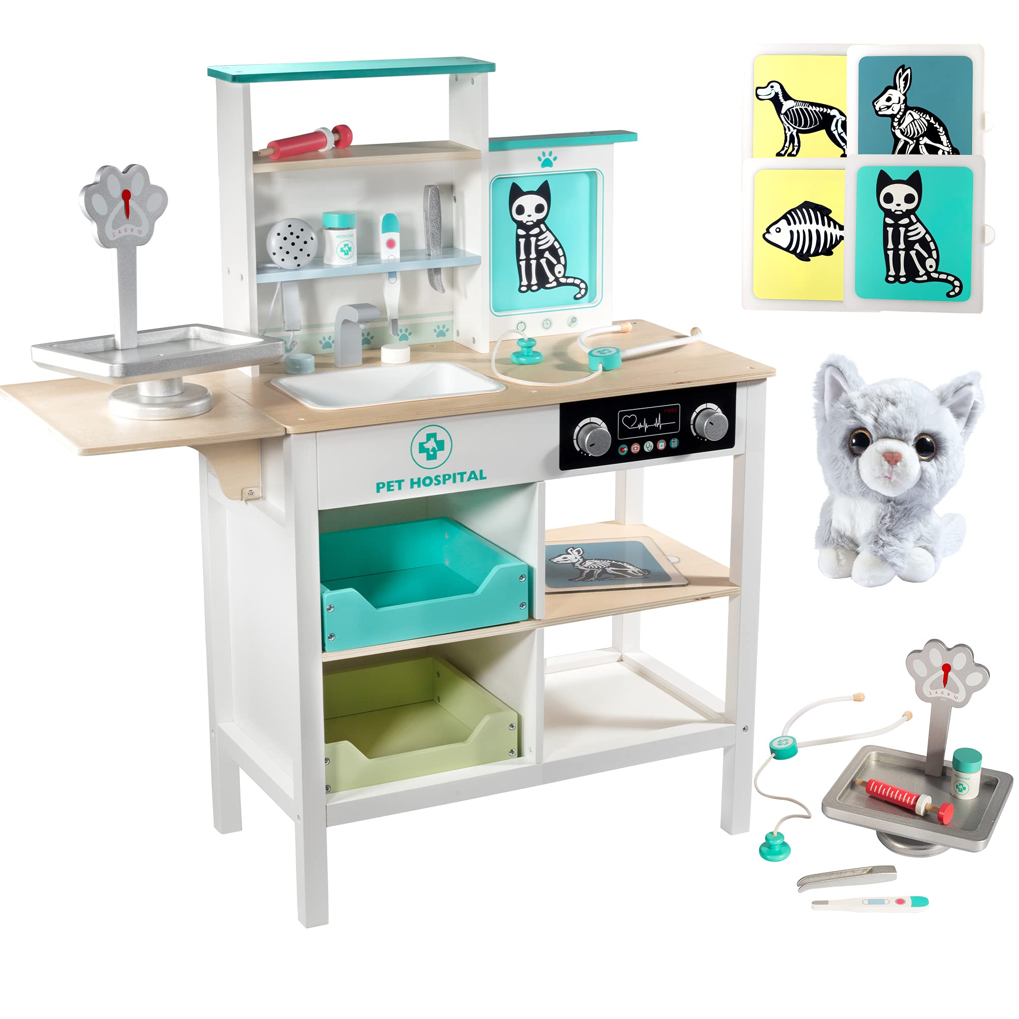 Vet Center Pretend Pet Hospital Playset- Wooden Animal Interactive Medical Checkup Set with Toy Cat, X-Ray Cards Stethoscope & Veterinarian Medical Accessories, Fun Doctor Role Play Gift for Kids