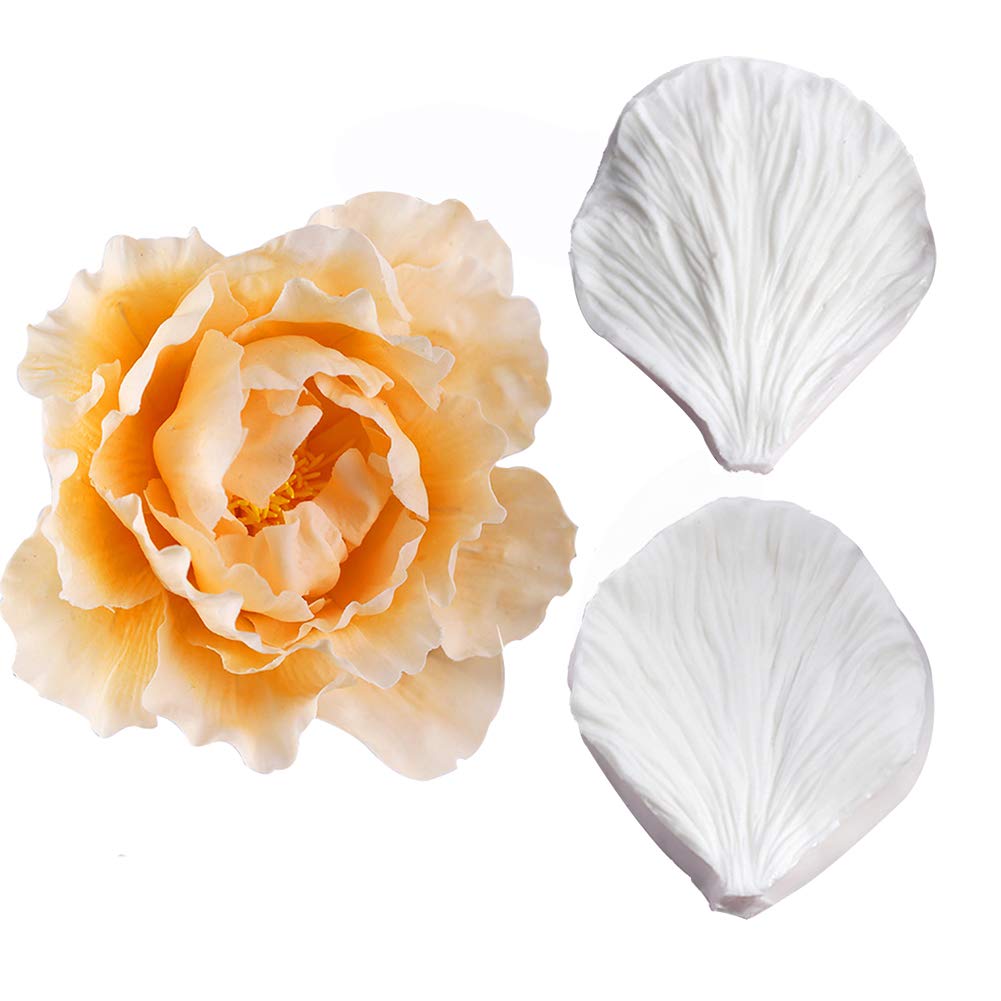 KALAIEN 5pcs Stainless Steel Peony Cutter 2pcs Fondant Silicone Mold Gumpaste Peony Sugarcraft Flower Veining Mold Veiner Petal Making Tool