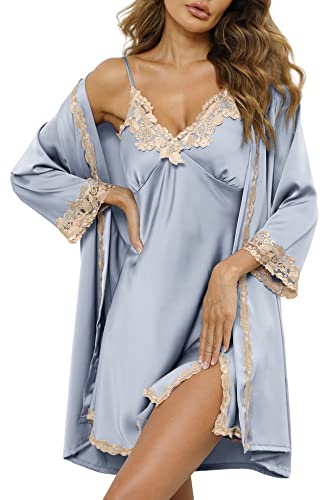 SAPJON Womens Pajama Sets 5PCS Silk Pajamas for women Cute Sleepwear Loungewear Satin Pajamas Sets for Women Soft Grey