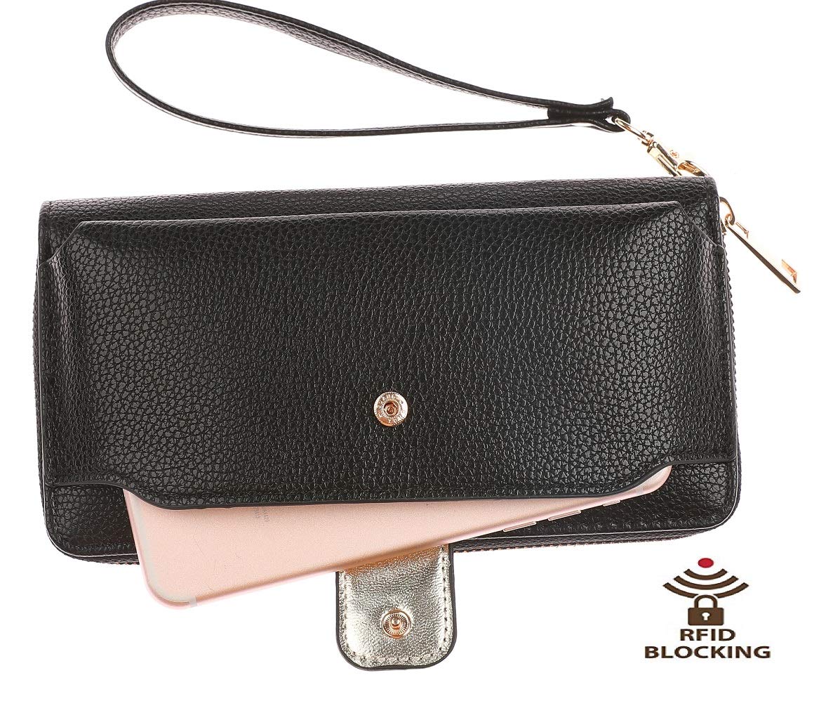 Women Wristlet Wallet with Cell Phone Holder Zip Around Handbag Black Large