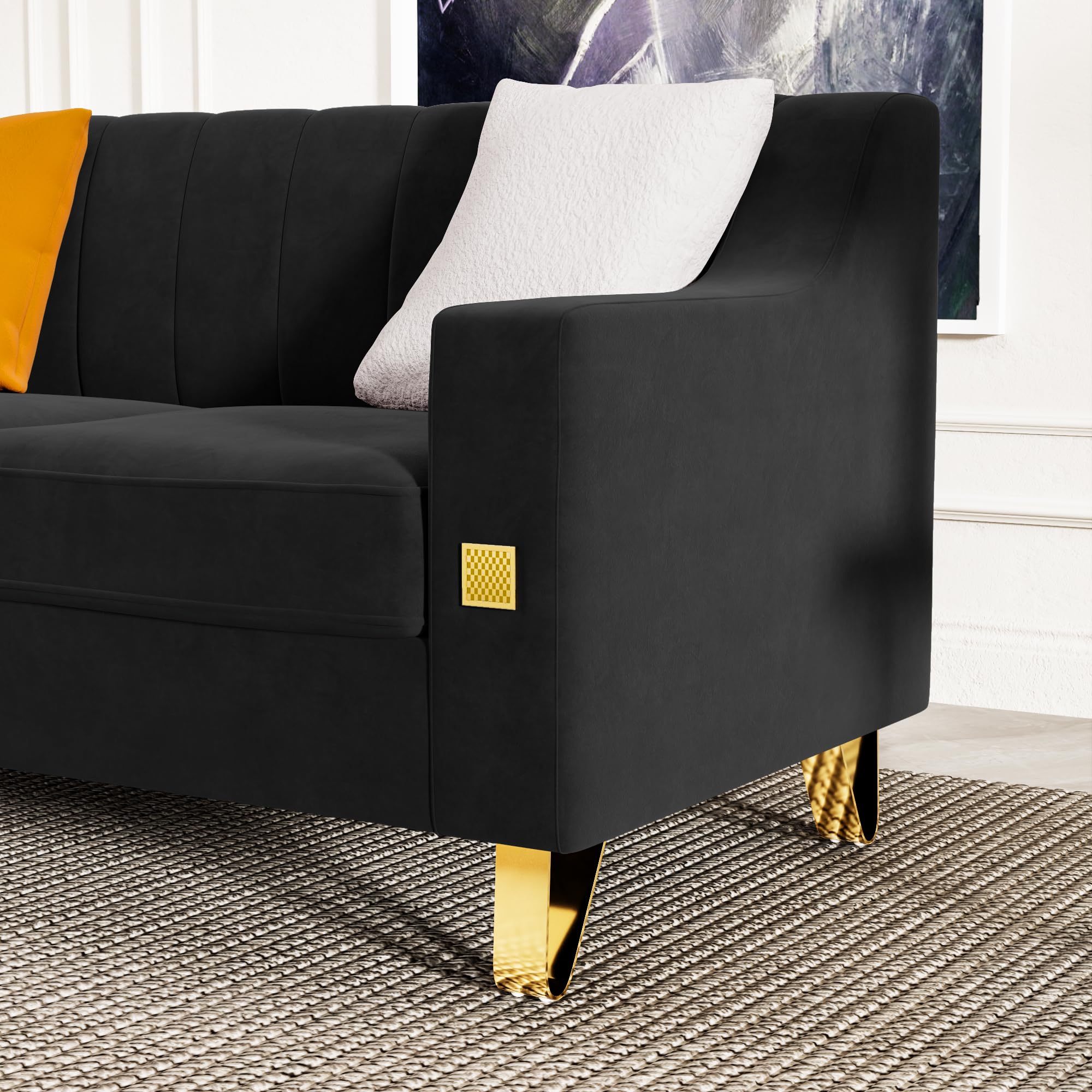 Mid-Century Modern 3 Seater Sofa Couch 82" Blue Velvet Sectional Sofa with Gold Legs and 3 Throw Pillows Large Upholstered Deep Seat Comfy Couch Sofa for Living Room Office Apartment Small Space
