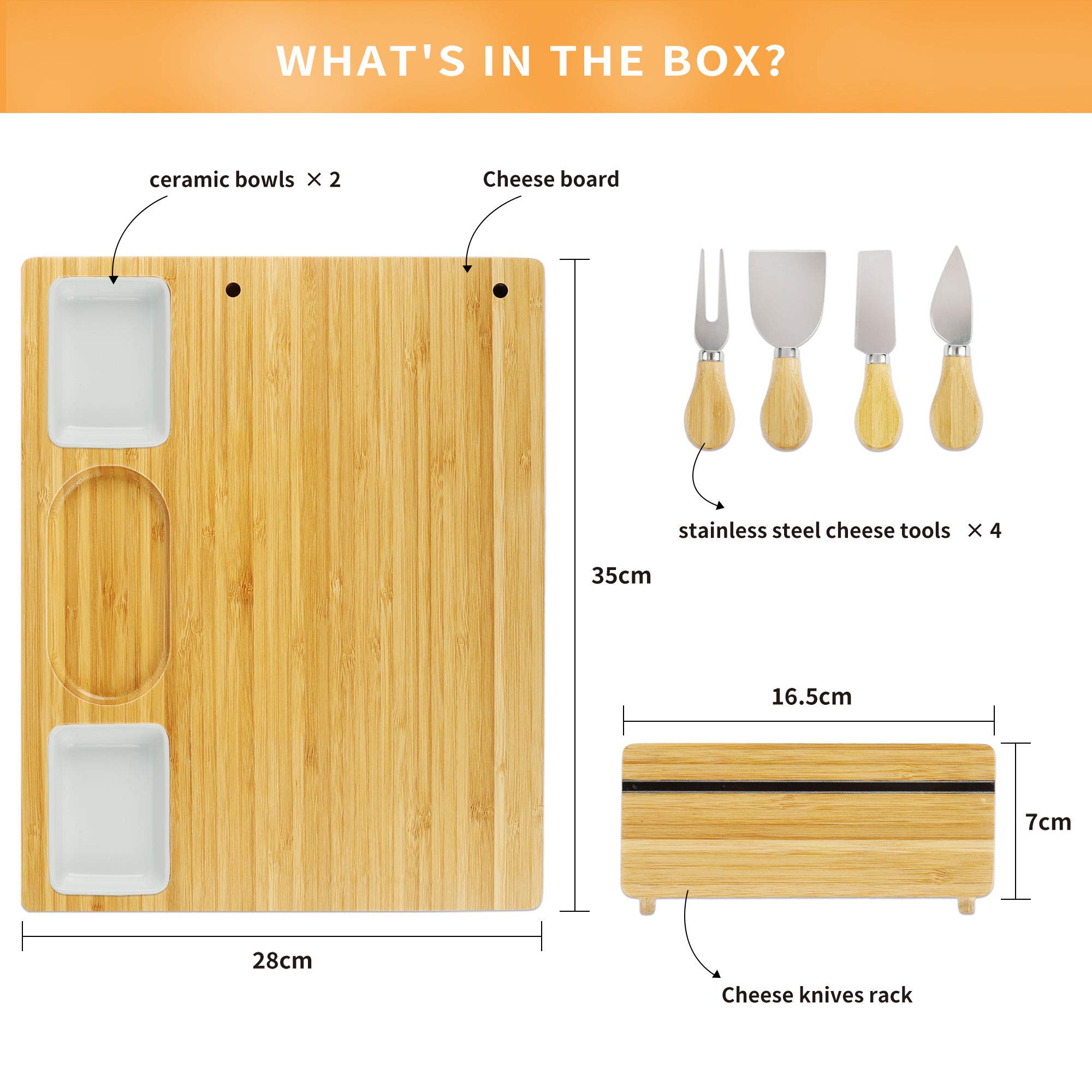 FunLect Bamboo Cheese Board Set β Serving Tray and Cheese Serving Platter. Rectangular Cheese Board and Knife Set for Cracker and Brie. Large Charcuterie Board and Cheese Tray for Housewarming Gift