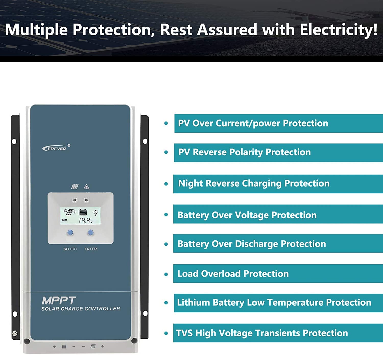 EPEVER Tracer 50A MPPT Solar Charge Controller 150V Max PV for Lithium LiFePO4, AGM, Lead Acid & More