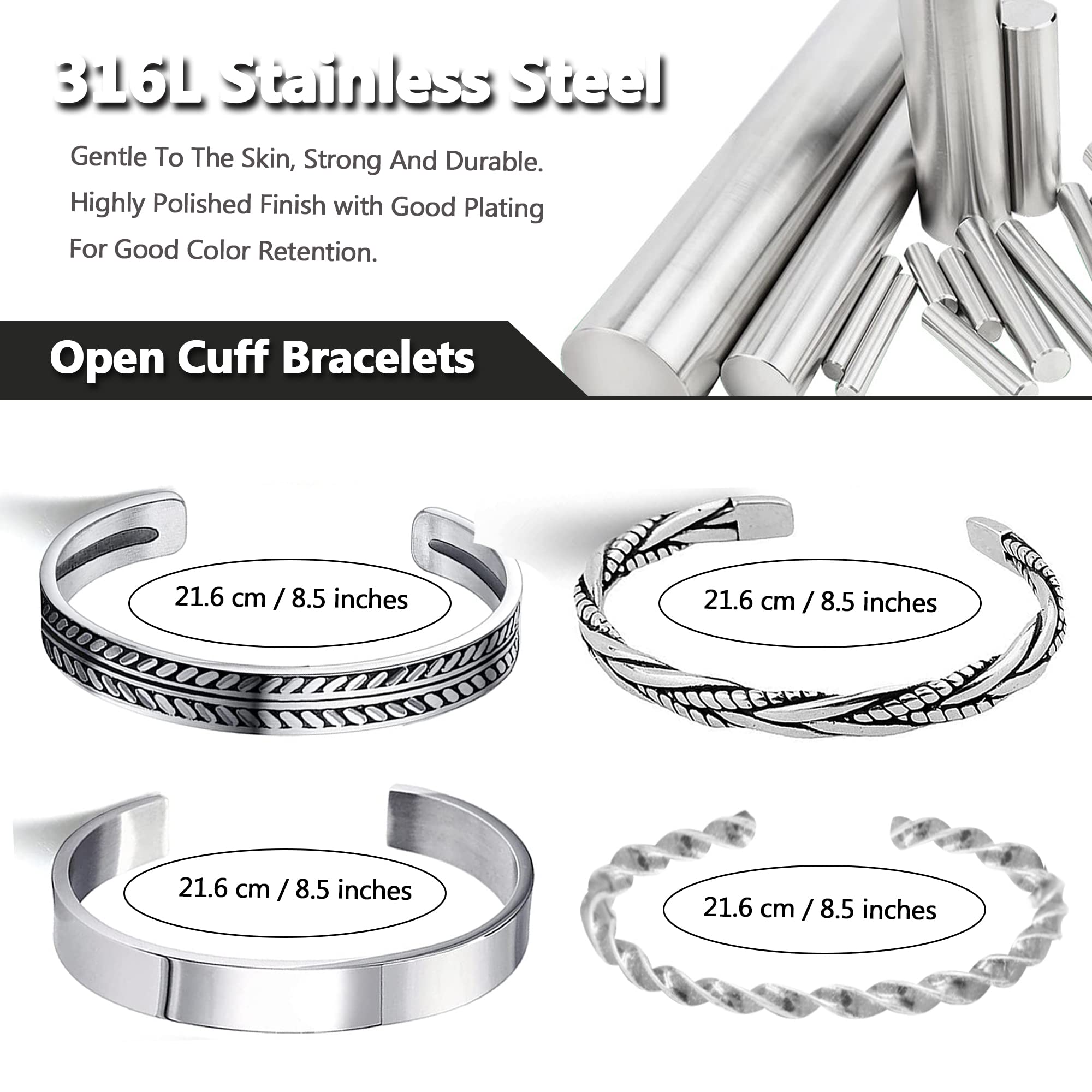 GIFIKOI Men's Cuff Bracelets Stainless Steel Silver Chain Bracelet for Men Silver Open Cuff Bracelet