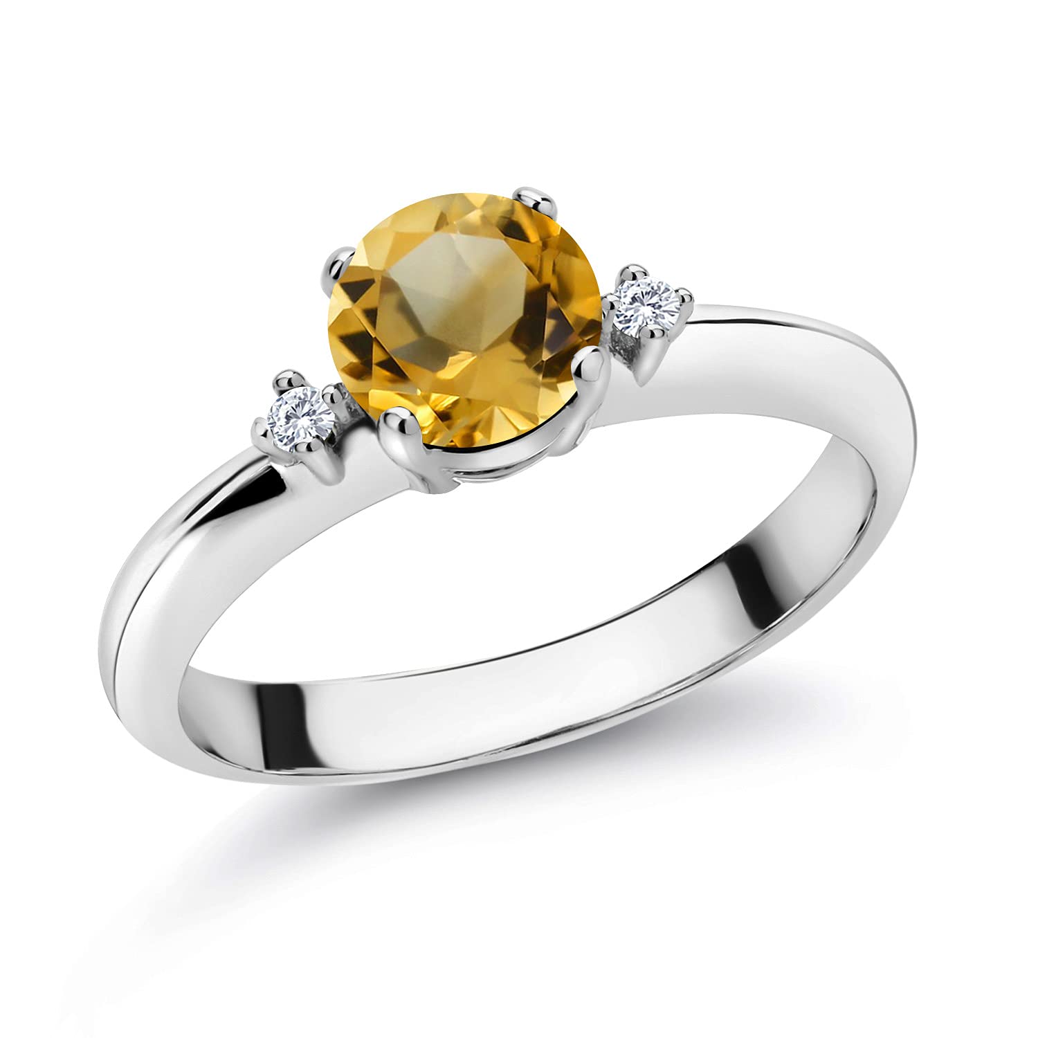 Gem Stone King 925 Sterling Silver Round Yellow Citrine and White Moissanite Ring (0.83 Cttw, Gemstone Birthstone, Available In Size 5, 6, 7, 8, 9)