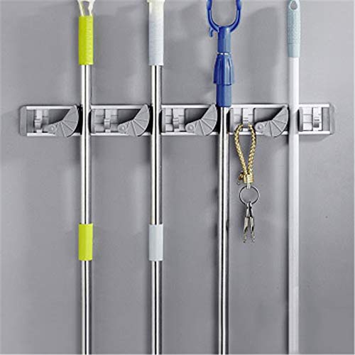 IHIPPO Broom Mop Holder Broom Mop Holder Wall Mount Stainless Steel Wall Mounted Storage Organizer Tools Hanger with 4 Racks 5 Hooks for Garage Kitchen Bathroom Closet Office Garden for Toilet Garage