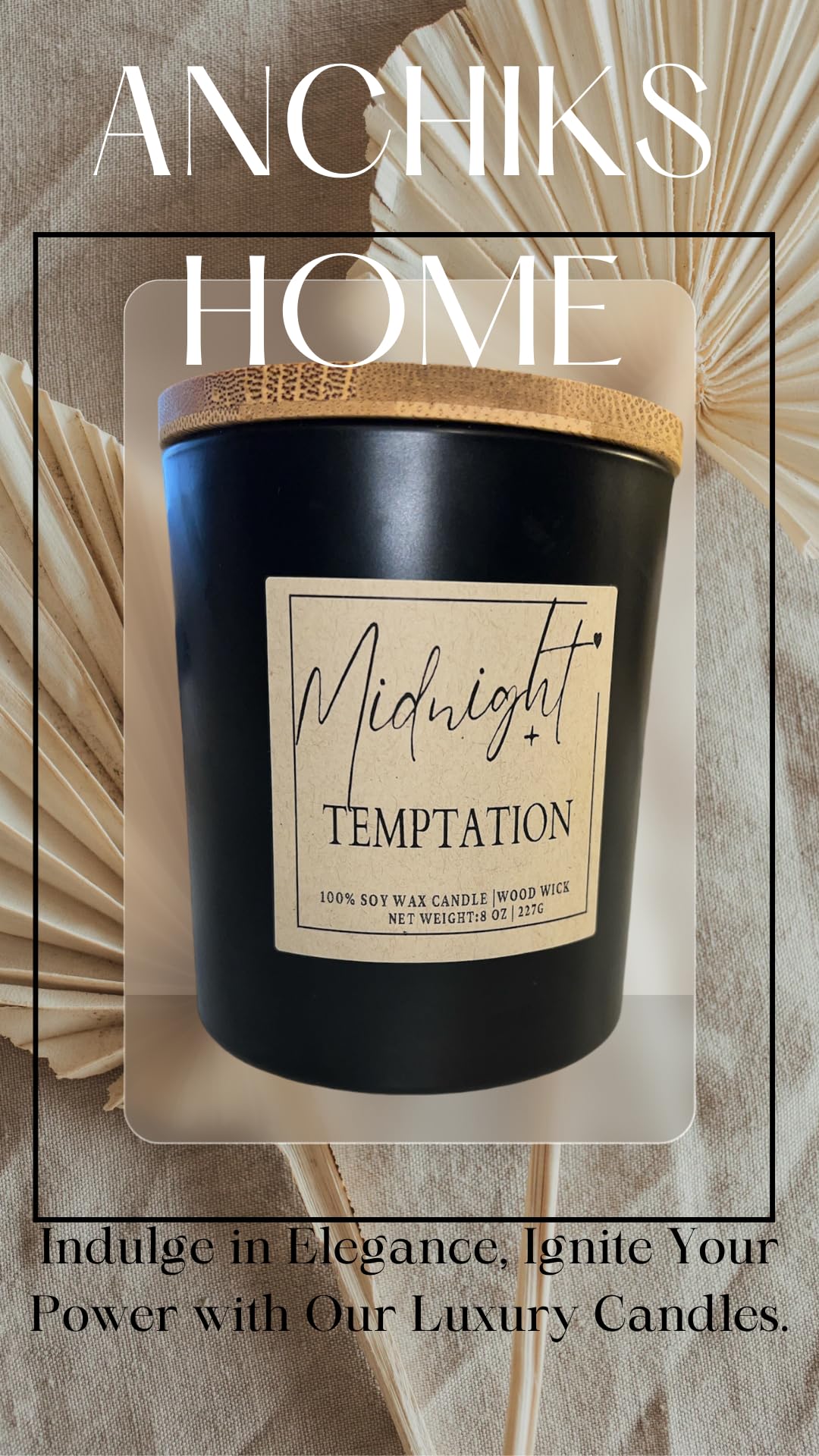 Midnight Temptation Luxury Scented Candle | 8 oz 100% Soy Wax | Wood Wick | Black Jar | Rich Channel, Wood, & Tobacco Caramel Notes | Fall Candle Collection