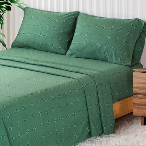 KeoWin Queen Bed Sheet Set 4PC 100% Microfiber up to Around 15" Deep Pocket, Super Soft Cooling Breathable Brushed Double Bedding, Machine Washable & Easy Care, Wrinkle Free - 3D Grid (Green)