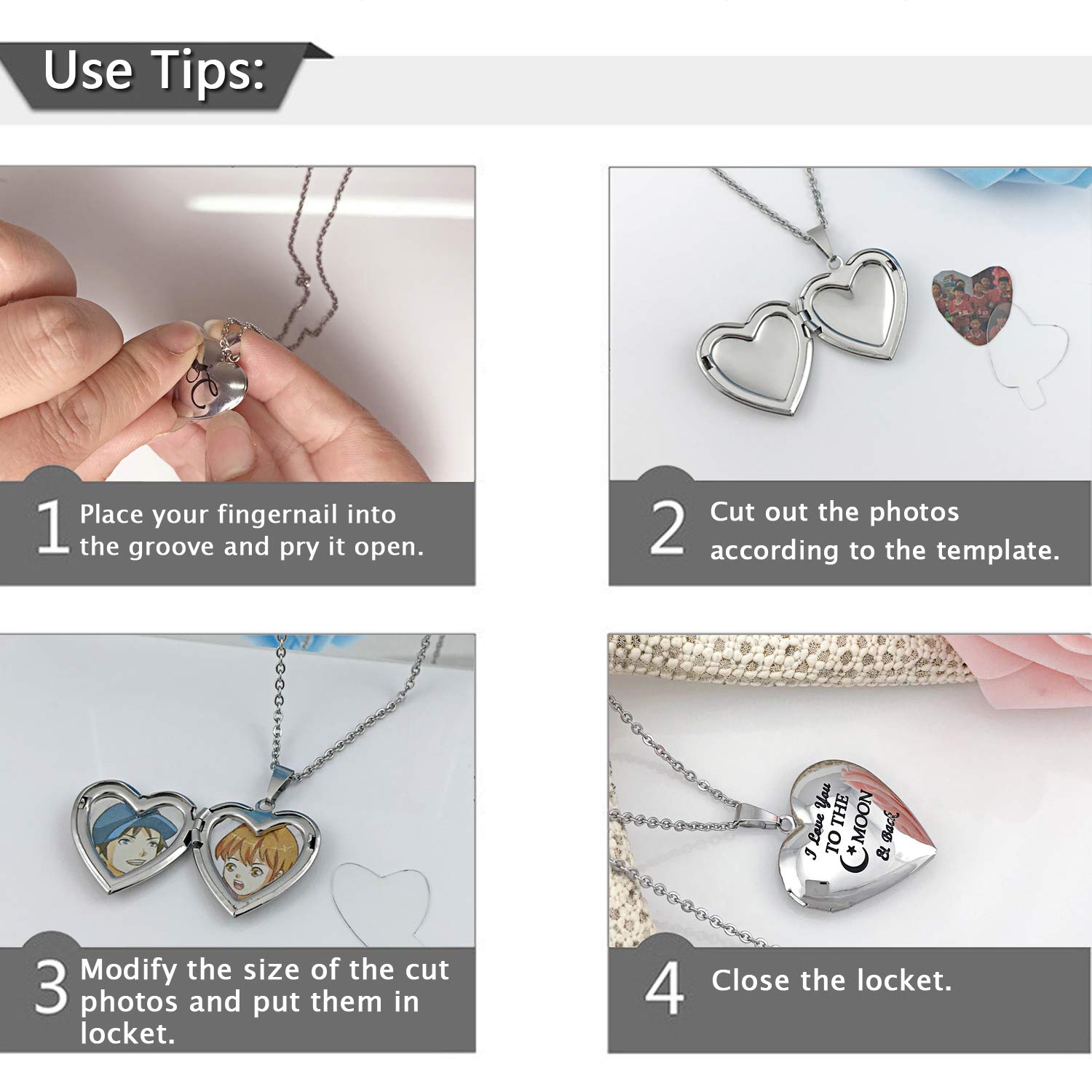 YOUFENG Love Heart Locket Necklace That Holds Pictures Engraved Always in My Heart Memories Photo Lockets (Moon & Back locket)