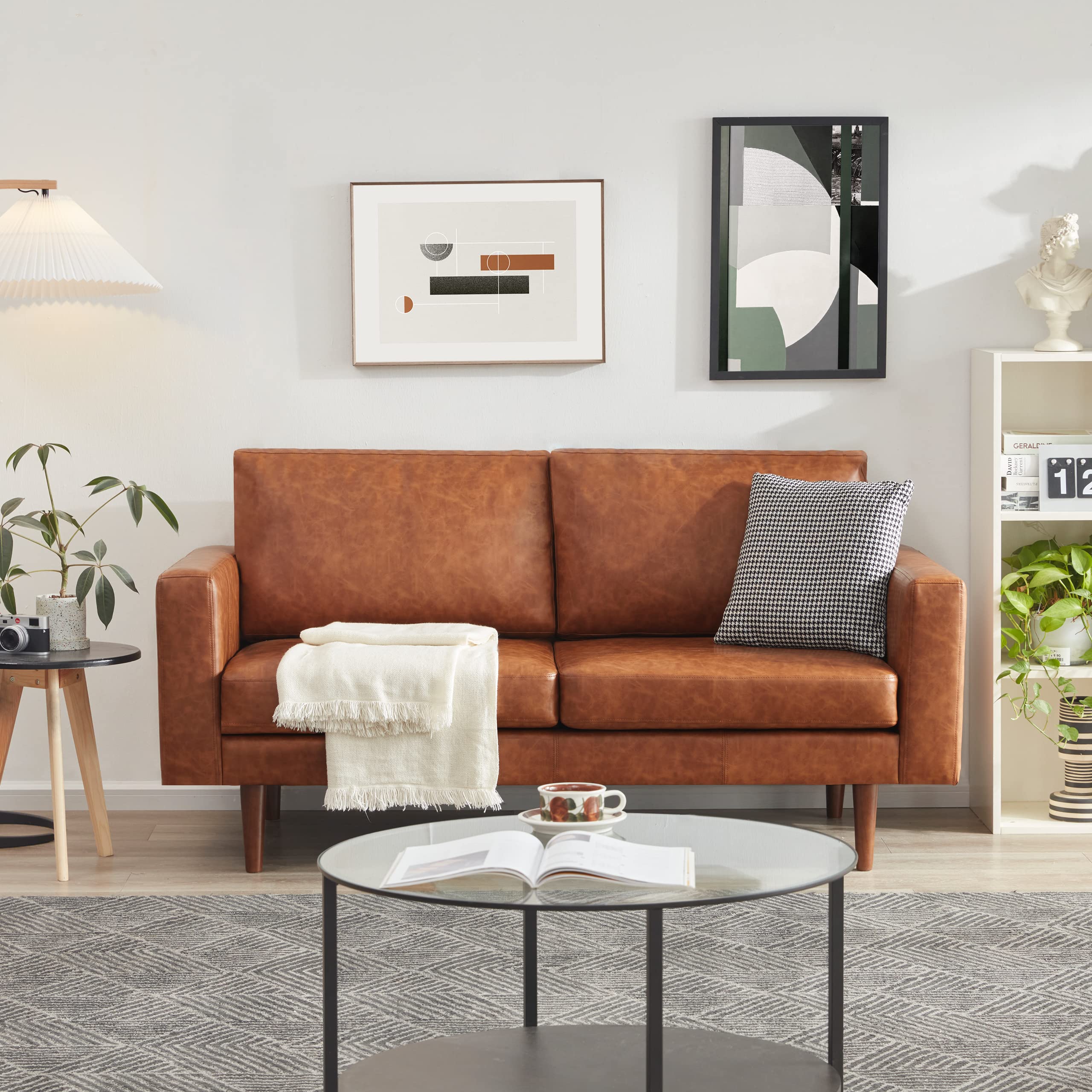 Kingfun 65" Loveseat Sofa, Faux Leather Love Seat Couch, Mid Century Modern Couch with Solid Wooden Frame for Living Room & Bedroom in Small Spaces, Brown